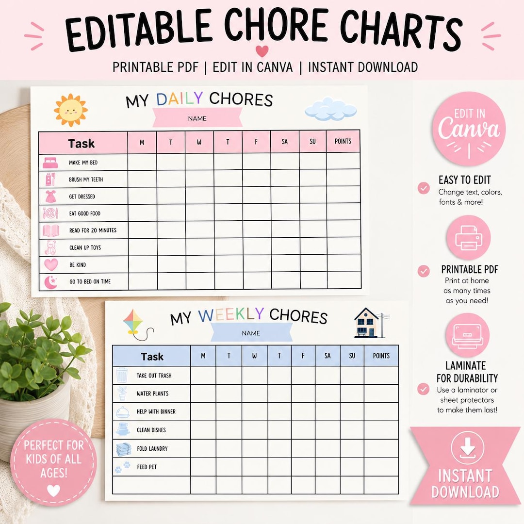 Editable Kids Chore Chart | Daily Weekly Routine Template (digital ...