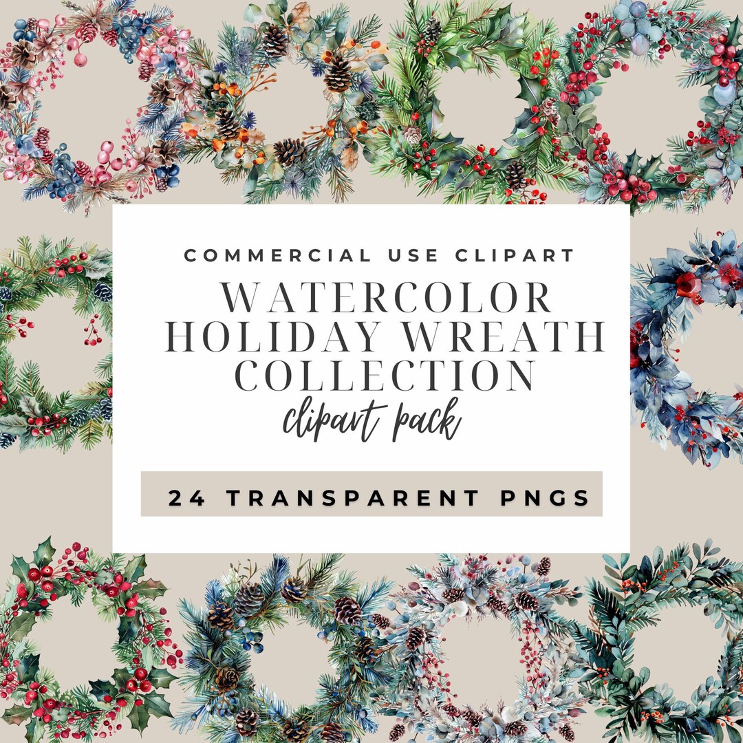 Watercolor Holiday Wreath Clipart Christmas Floral Clipart Christmas ...