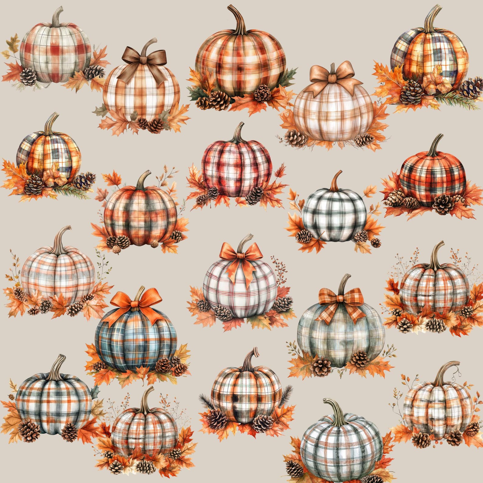 Plaid Pumpkin Clipart Pack Watercolor Fall Pumpkins Autumn Digital ...