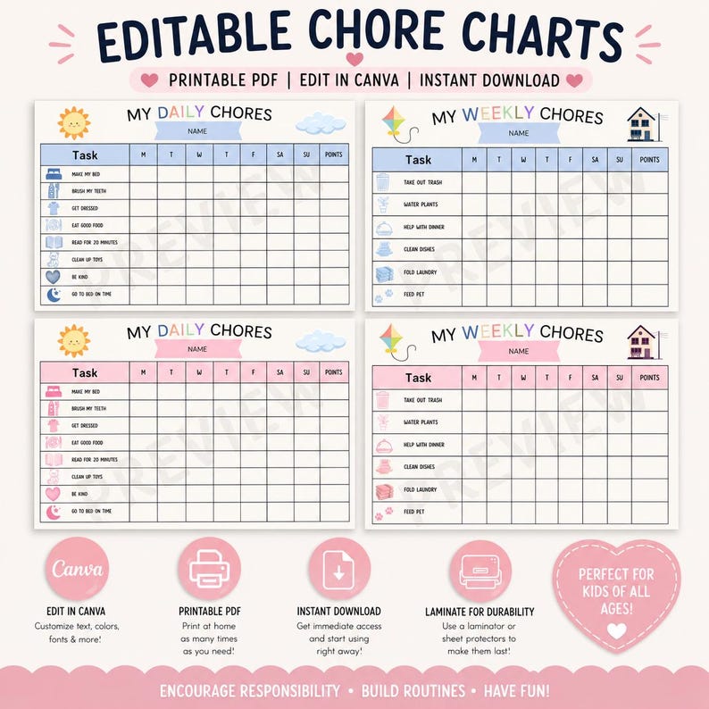 Editable Kids Chore Chart | Daily Weekly Routine Template (digital ...