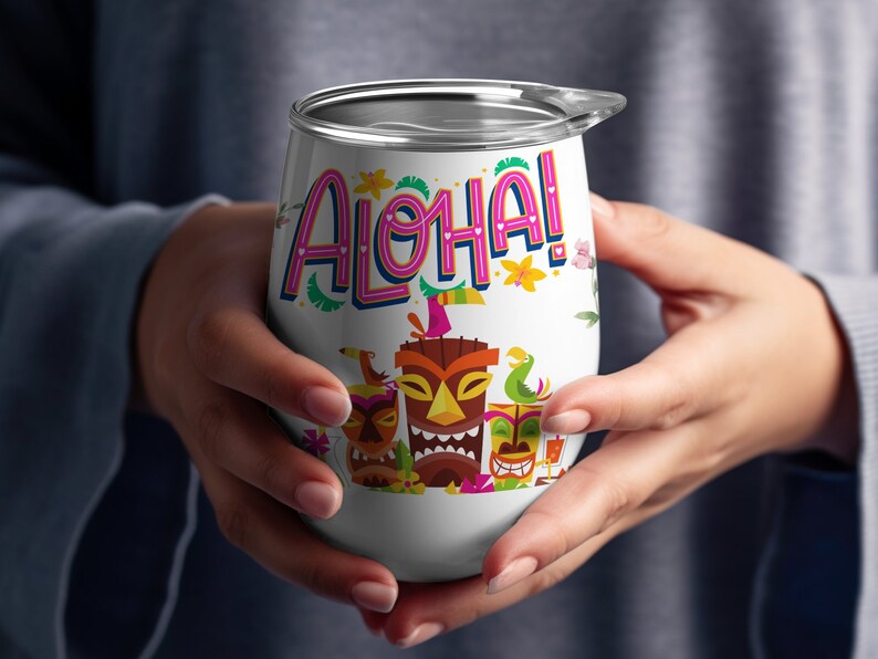 Hawaiian Luau Aloha 12oz Wine Tumbler Tropical Hula Dancer Floral Lei ...