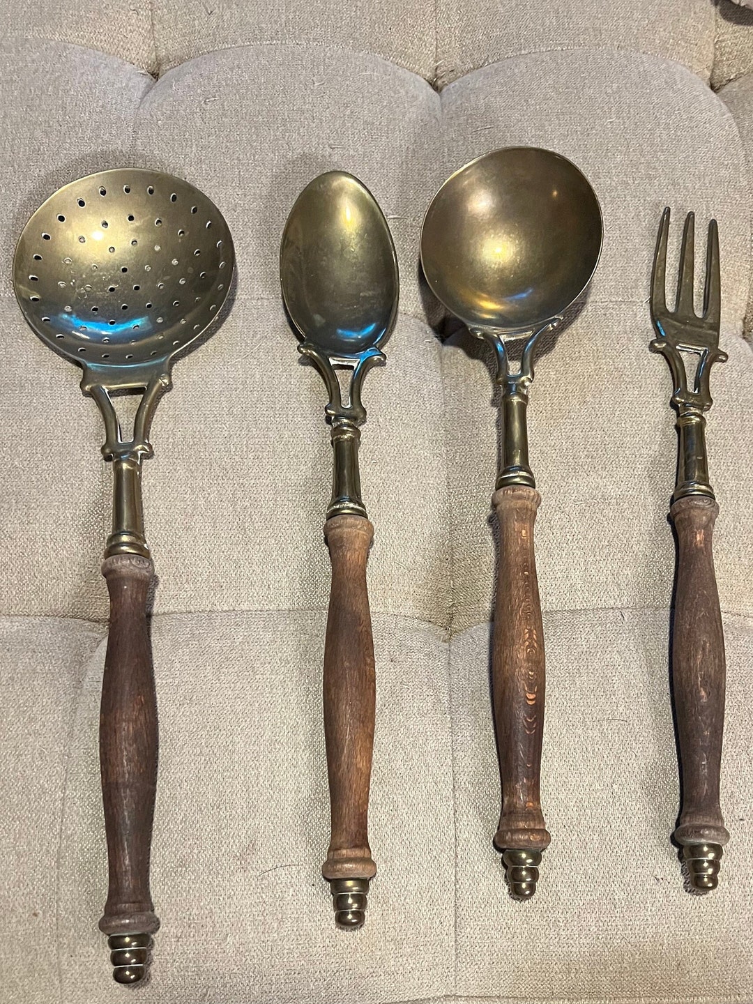 Antique French Cooking Utensils Brass Set of 4 With Wooden Handles, C ...