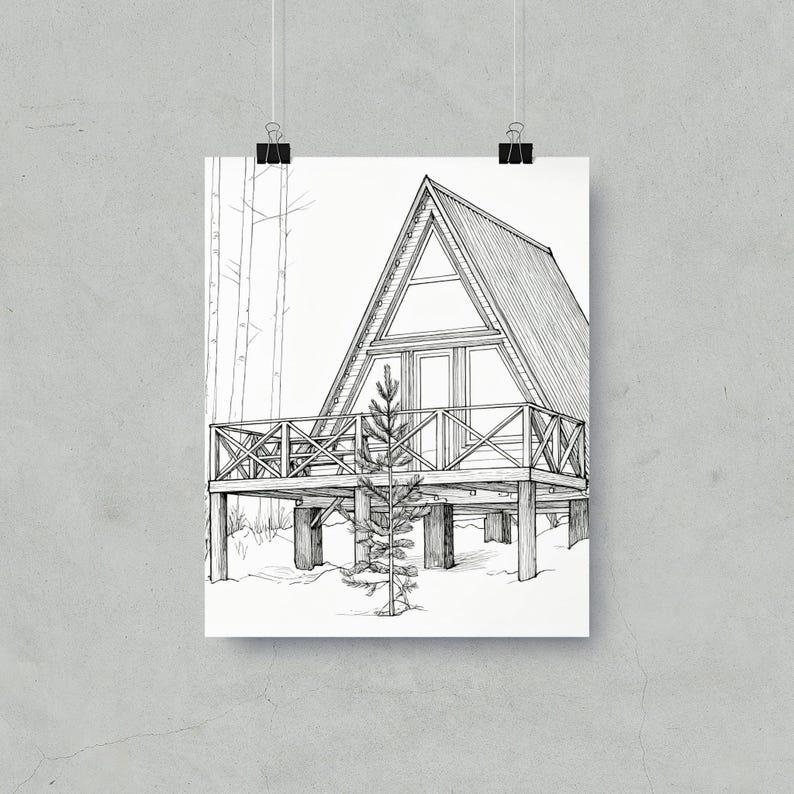 Custom Scandinavian Line Art Poster, Minimalist Cabin Sketch Print - Etsy