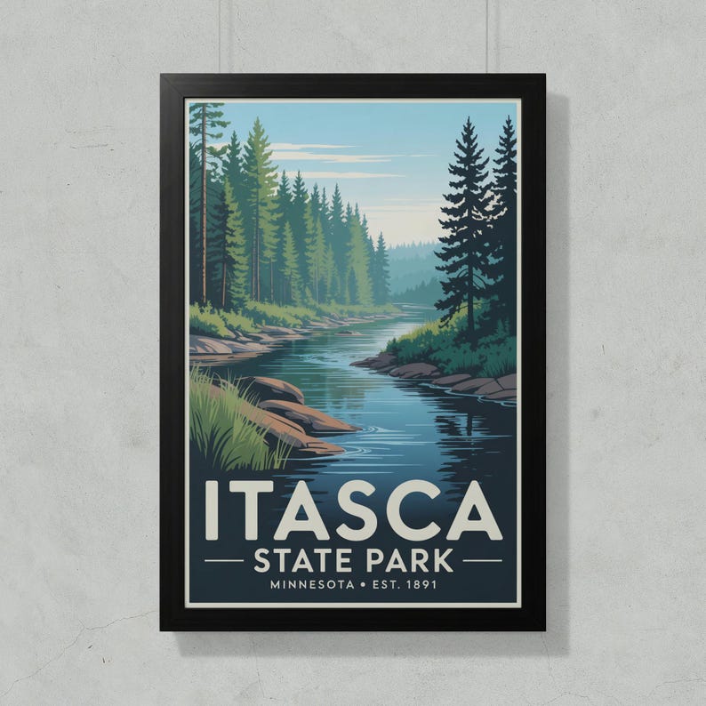 Itasca State Park Poster, Minnesota Lake and Forest, Vintage Travel Art ...