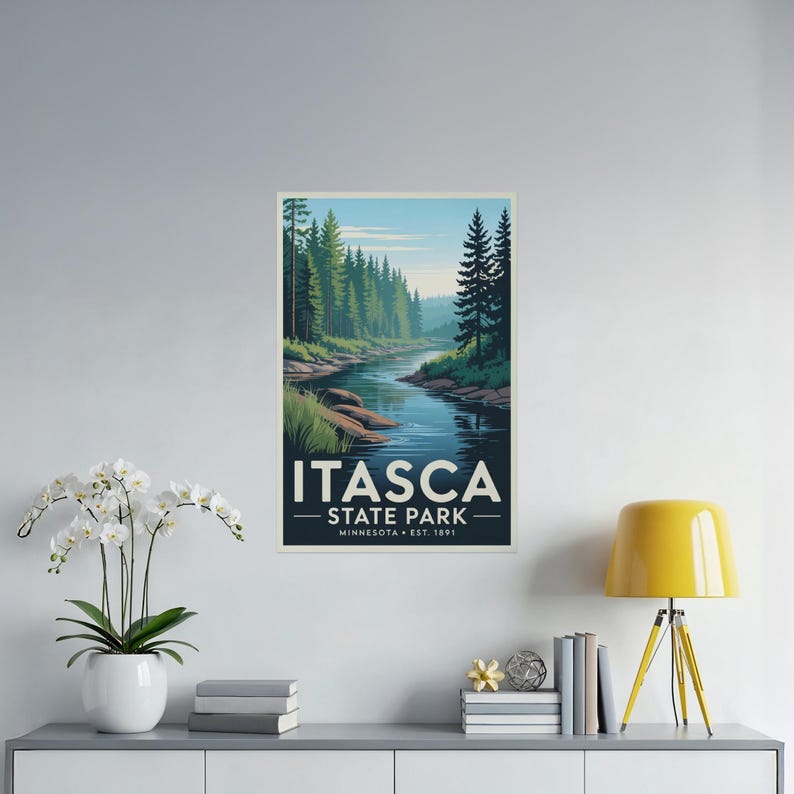 Itasca State Park Poster, Minnesota Lake and Forest, Vintage Travel Art ...