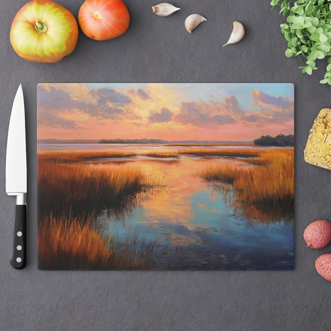 Marshland Sunset Tempered Glass Cutting Board, Scenic Kitchen Decor - Etsy