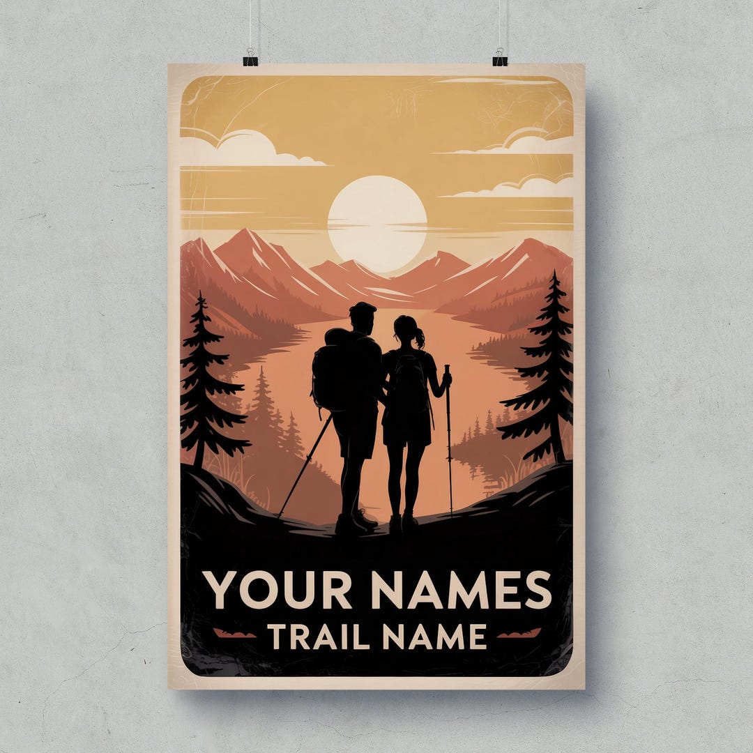 Custom Hiking Poster, Personalized Trail Name Wall Art, Retro Mountain ...