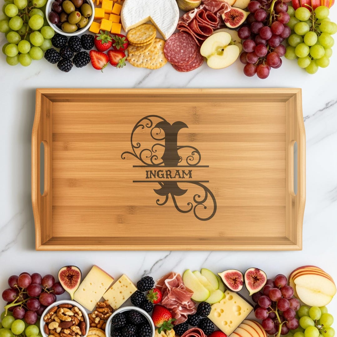 Personalized Bamboo Serving Tray: Western Font Initial, Engraved ...