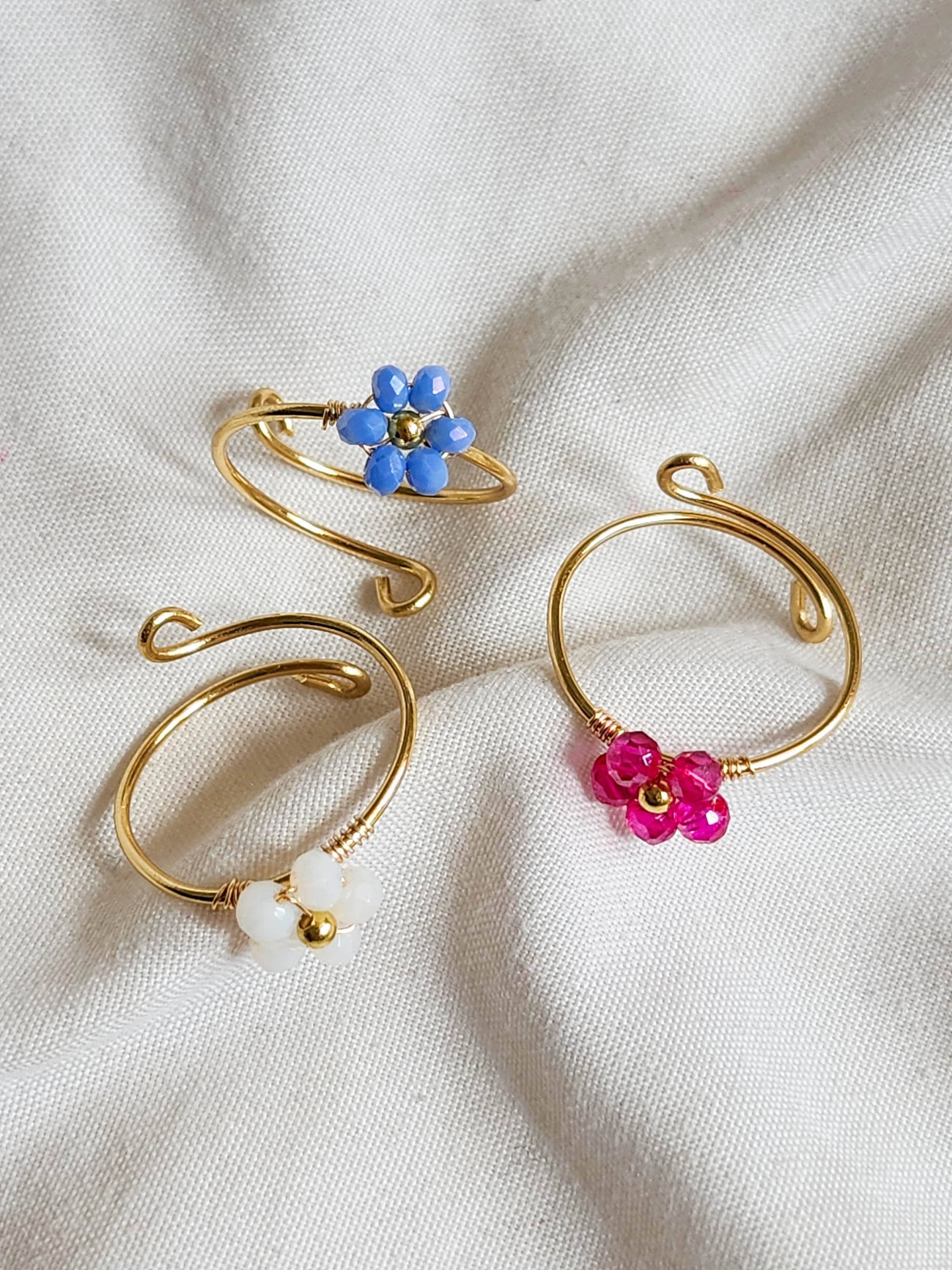 Crystal Daisy Flower Beaded Ring, Adjustable Daisy Wire Ring, Stacking ...