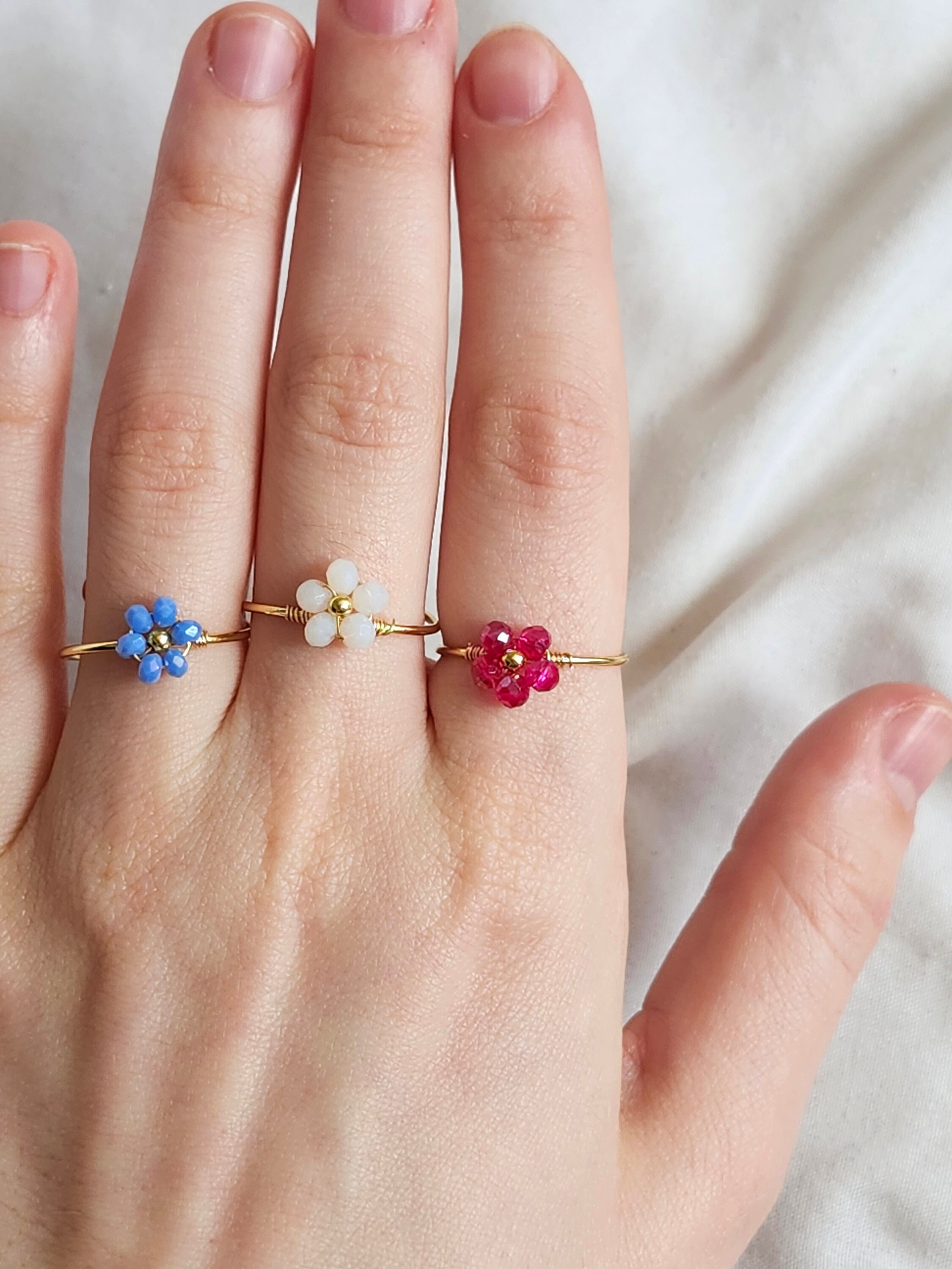 Crystal Daisy Flower Beaded Ring, Adjustable Daisy Wire Ring, Stacking ...