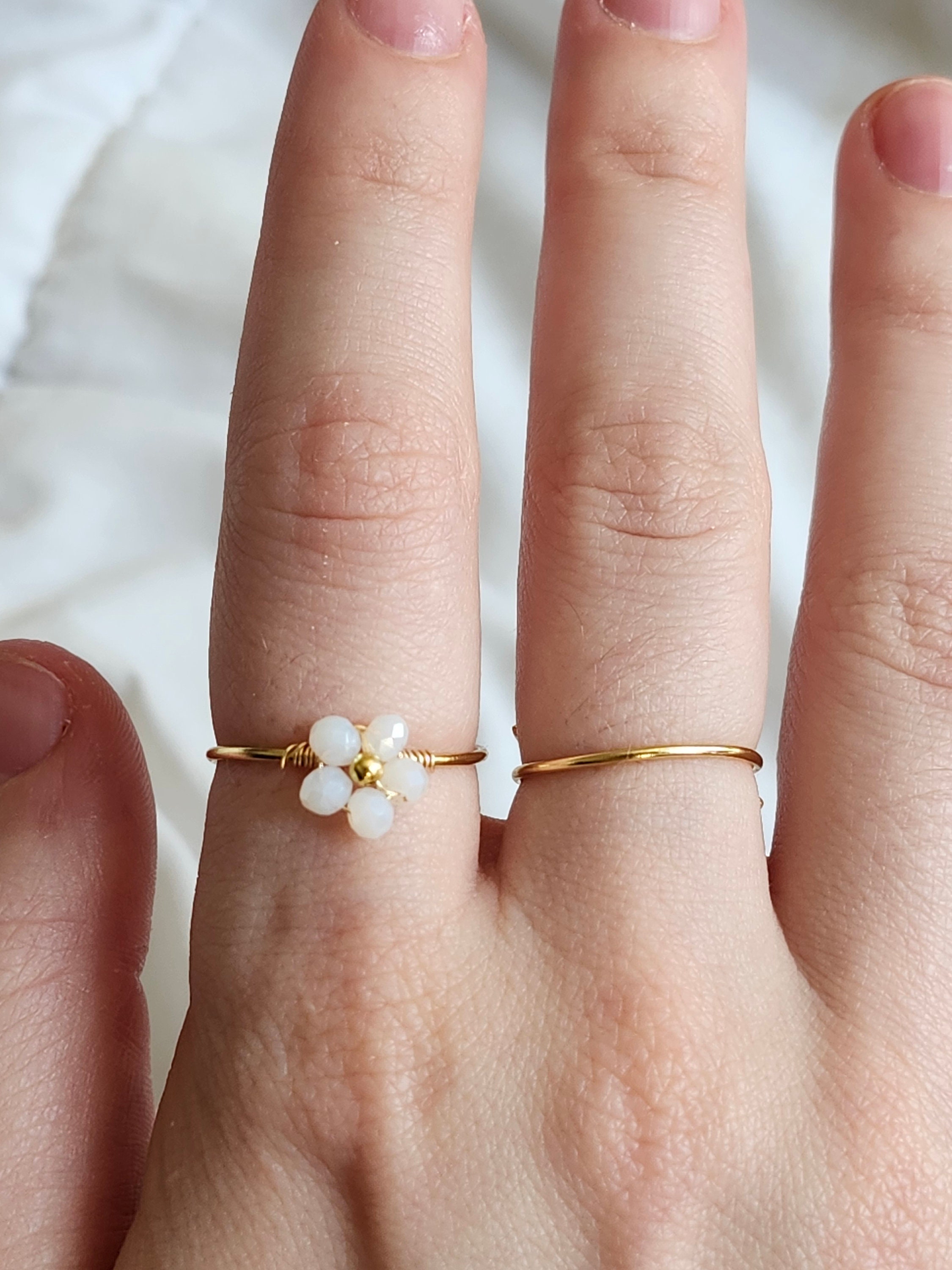 Crystal Daisy Flower Beaded Ring, Adjustable Daisy Wire Ring, Stacking ...