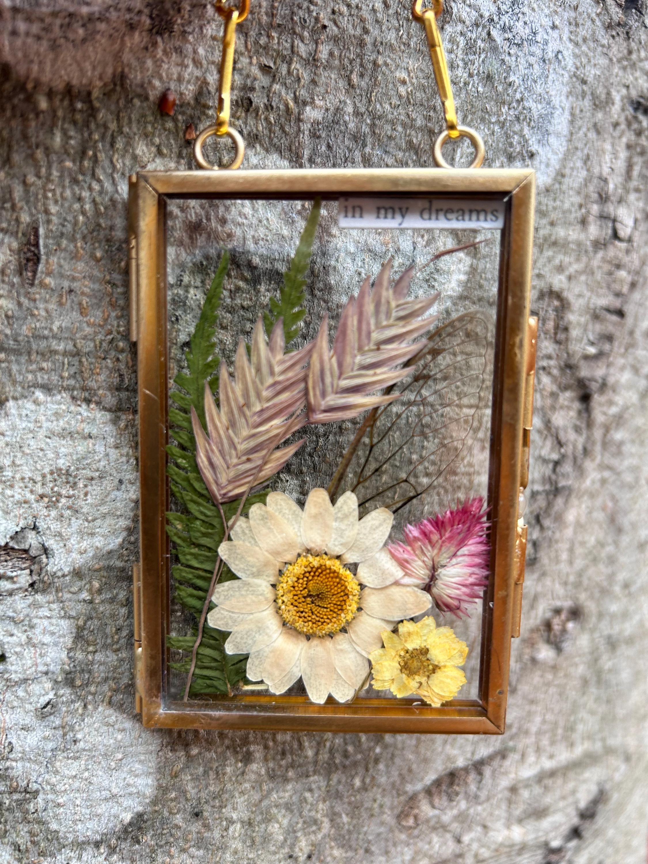 Rectangular, Double-sided Gold Frame With Pressed Flowers and Cicada ...