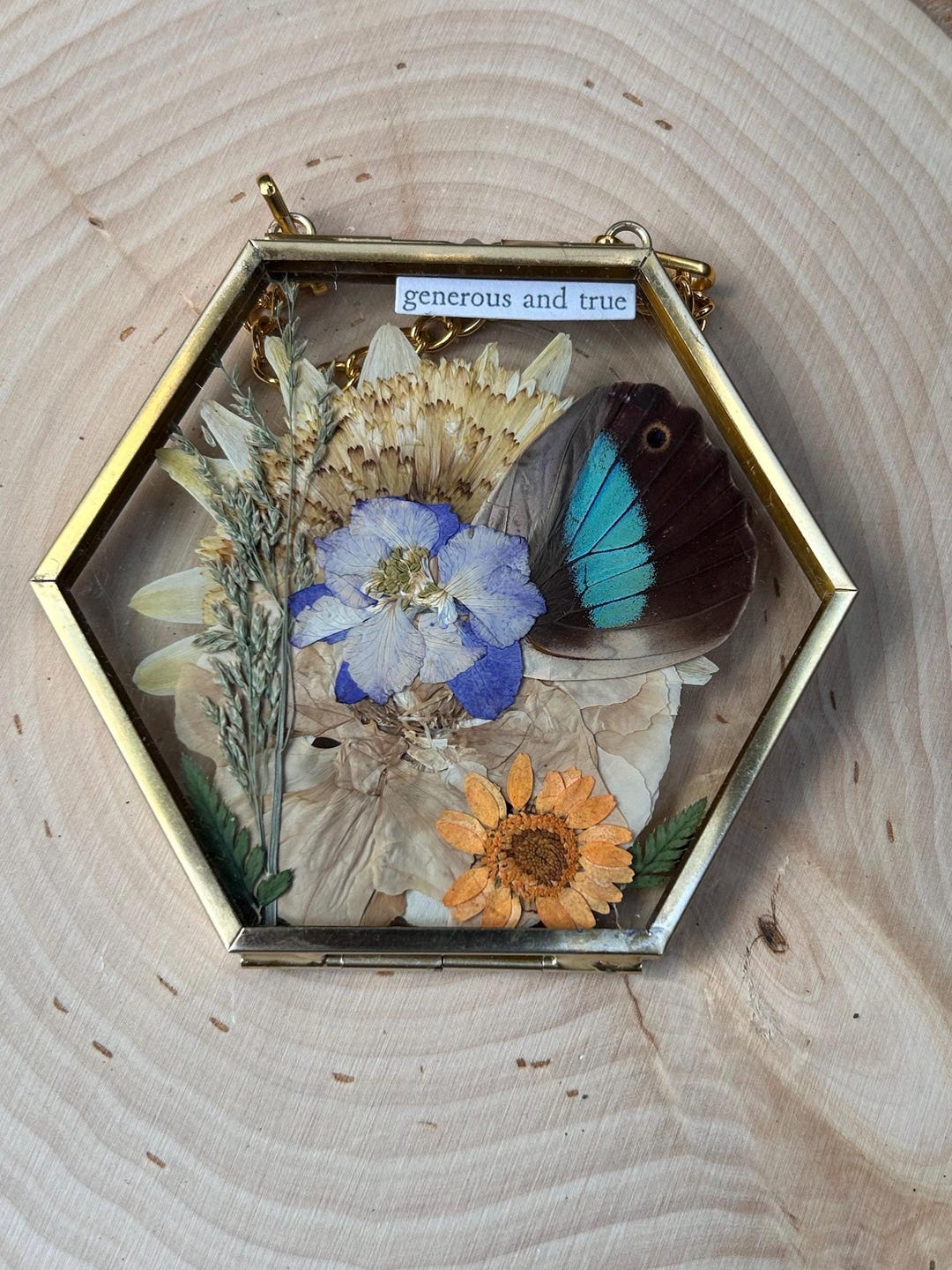 Hexagonal, Double-sided Gold Frame With Pressed Flower Collage and ...
