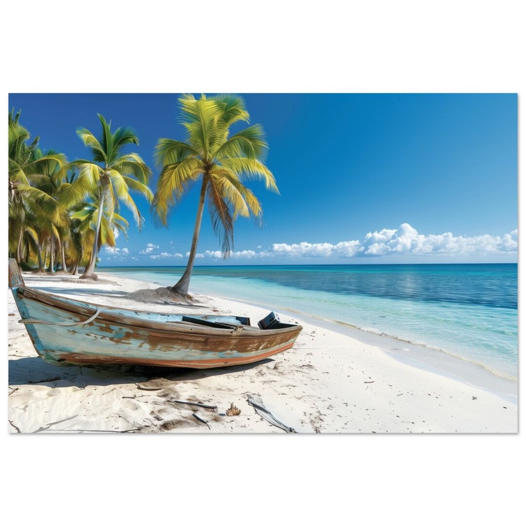 Blue Old Beach Boat Wall Art, Vintage Old Boat Caribbean Scene - on ...