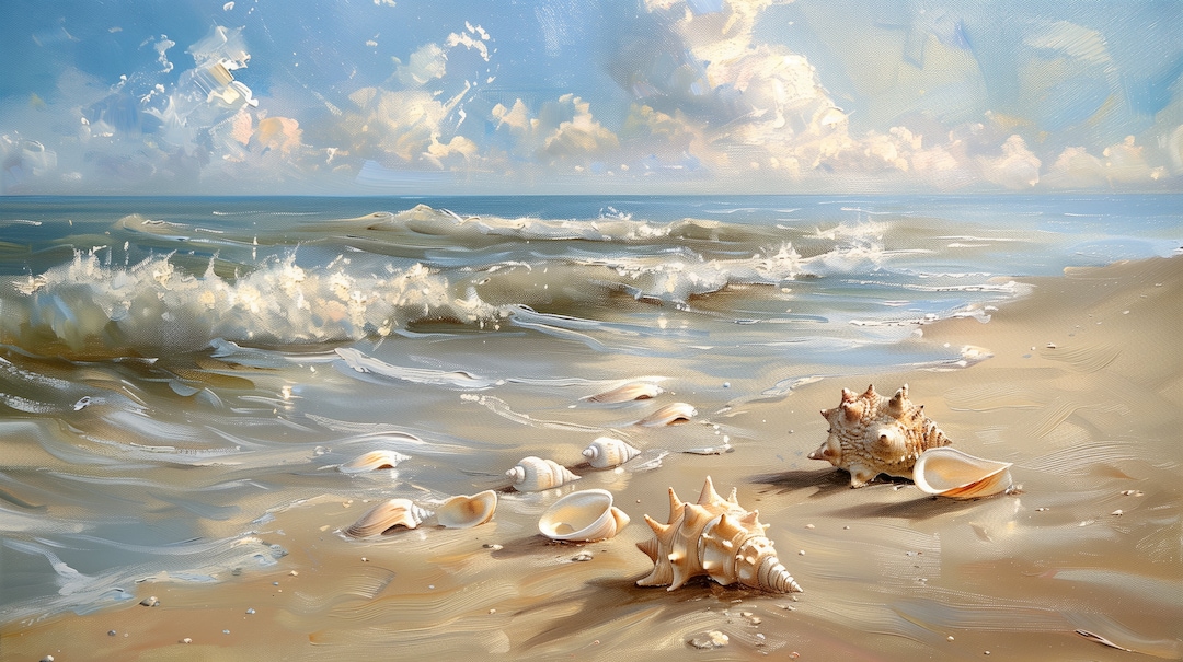 Seashells Beach Oil Painting: Serene Coastal Art (digital Download) - Etsy