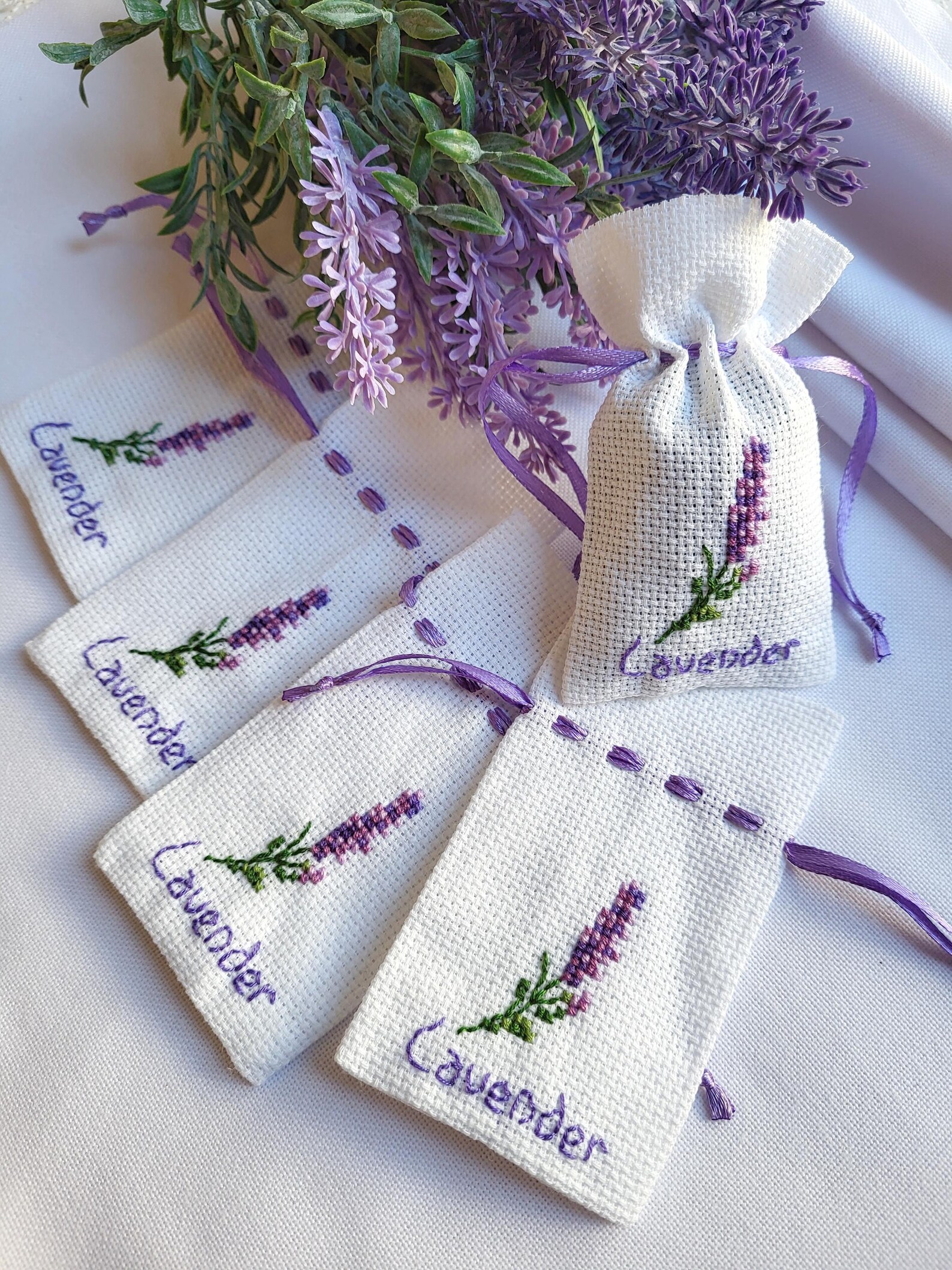 Set of 5 Hand Embroidered Lavender Sachets. Empty Aroma Pouches ...