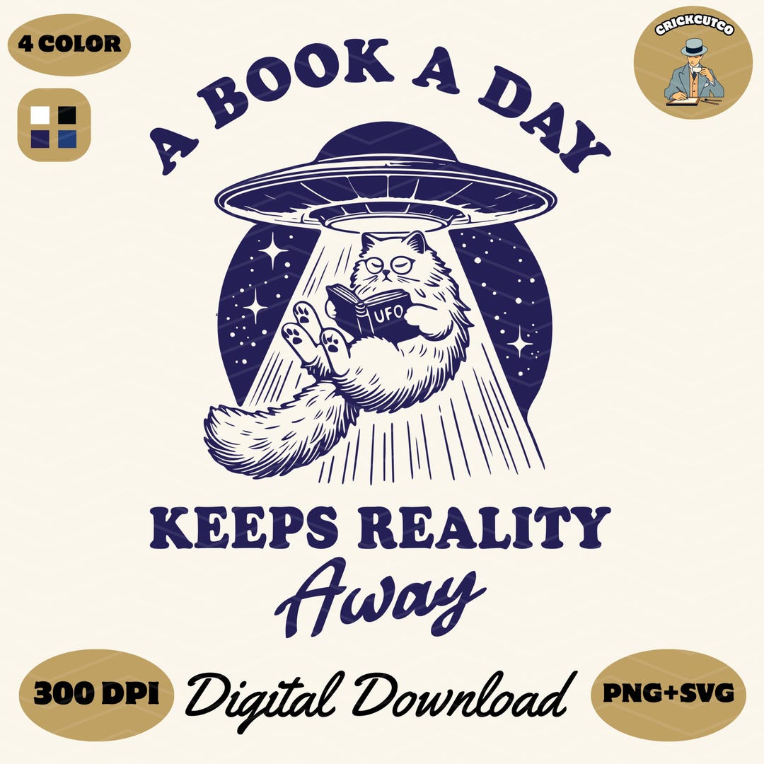 Funny Cat Reading Book SVG PNG: Retro Book Lover Design (digital ...
