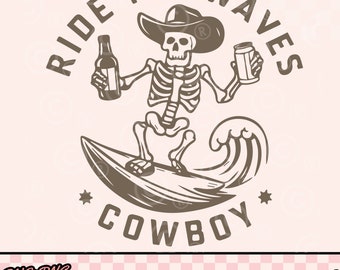 Surfing Cowboy Skeleton SVG for Print & Cut, Western Summer Cowboy With ...