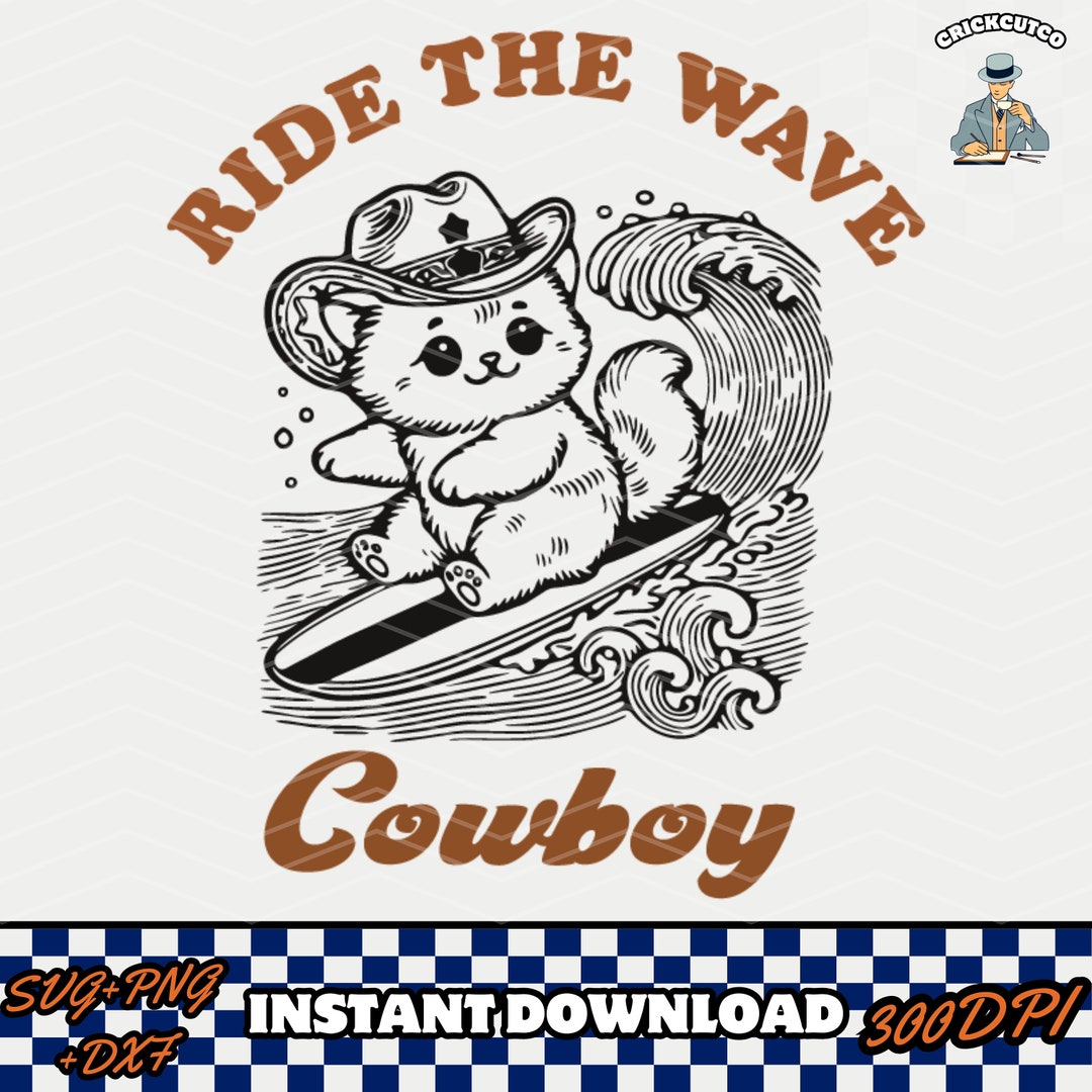 Surfing Cowboy Cat SVG: Western Retro Design (PNG, DXF) - Etsy