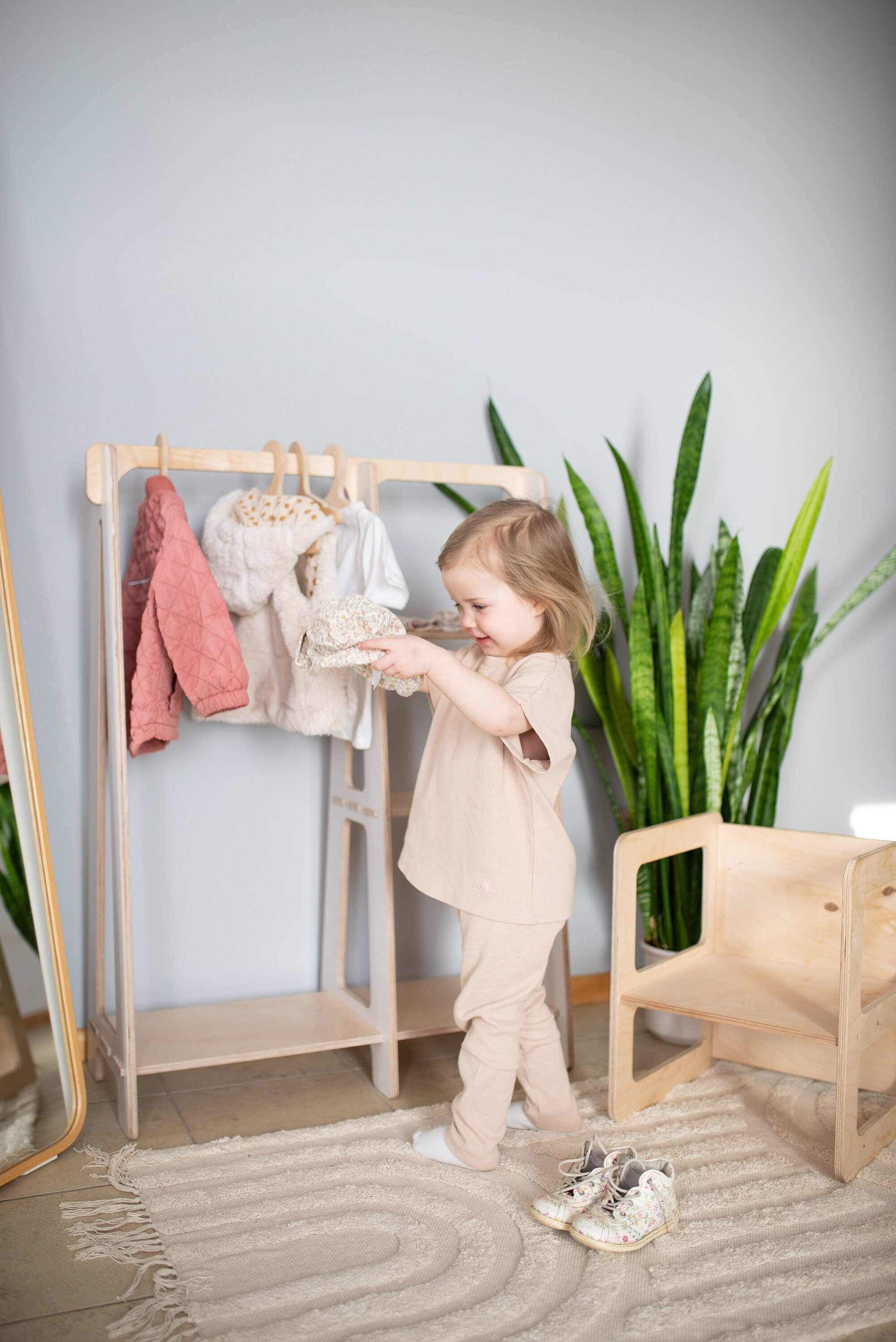 KIDS CLOTHING RACK Type A With Shelves, Wood Clothes Rack, Montessori ...