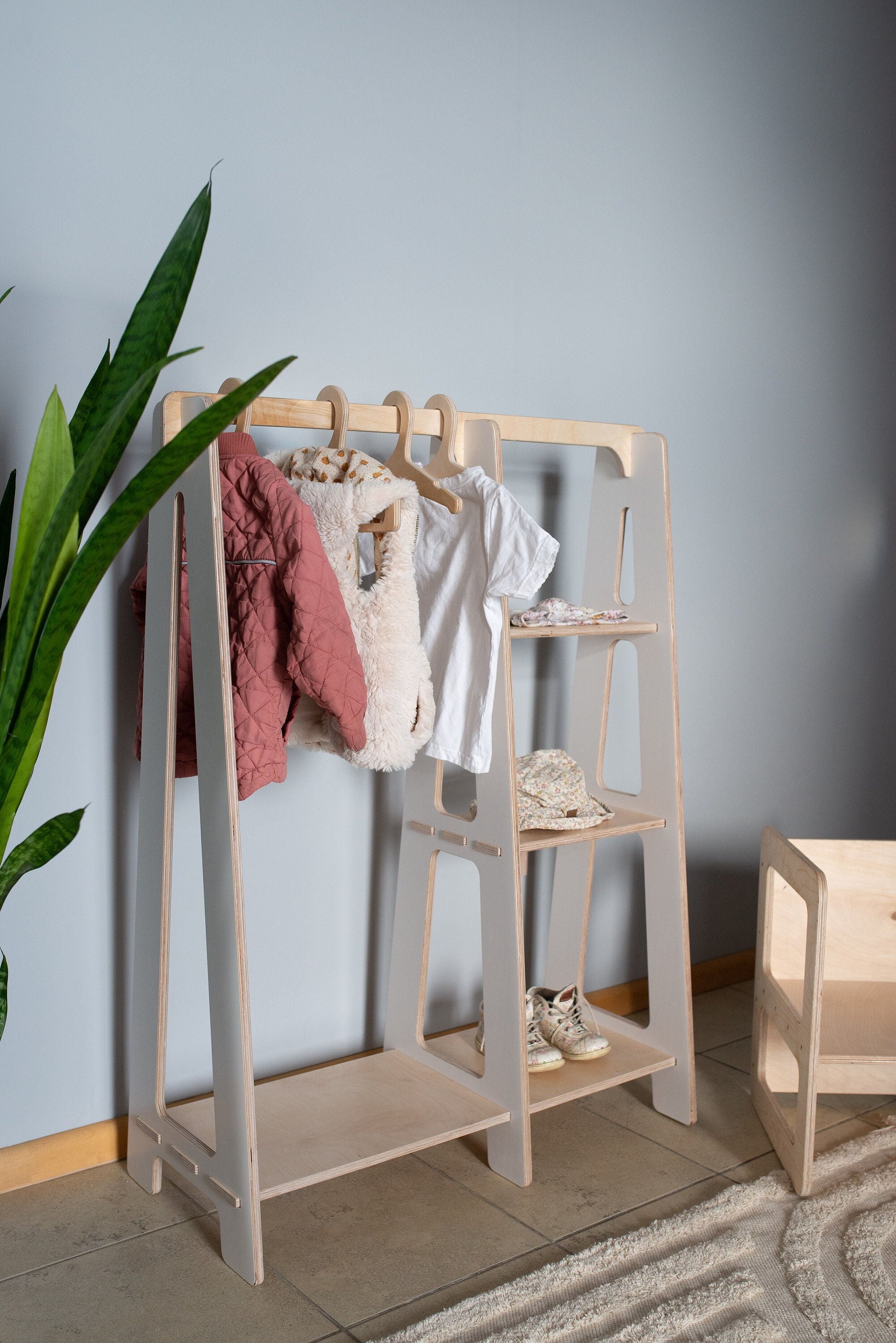 KIDS CLOTHING RACK Type A With Shelves, Wood Clothes Rack, Montessori ...