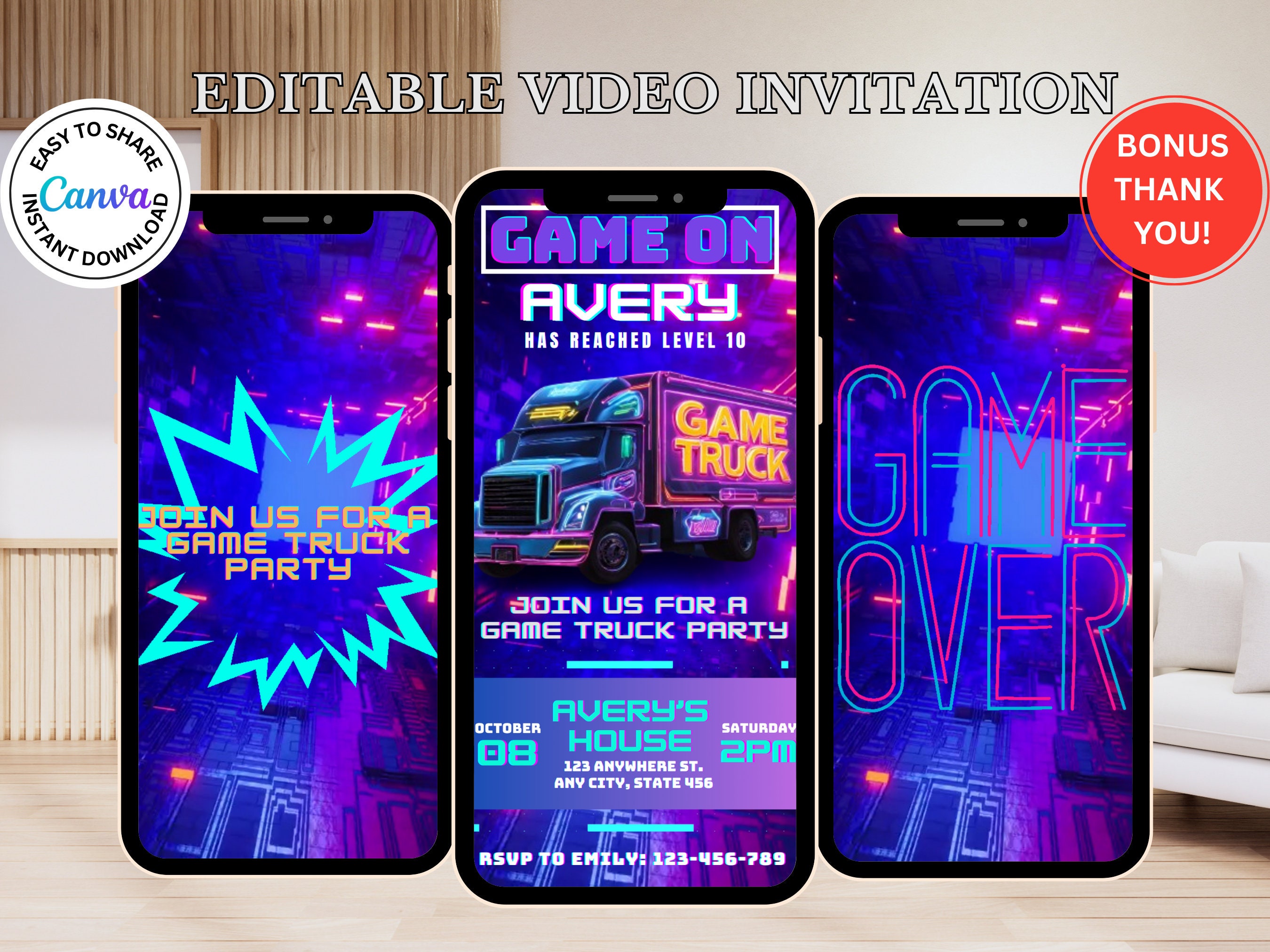 Editable Game Truck Mobile Video Invitation Game Truck Video Gaming ...