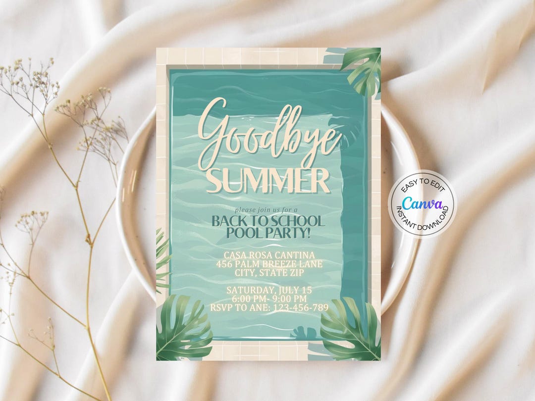 Goodbye Summer Pool Party Invitation Digital Back to School Party ...