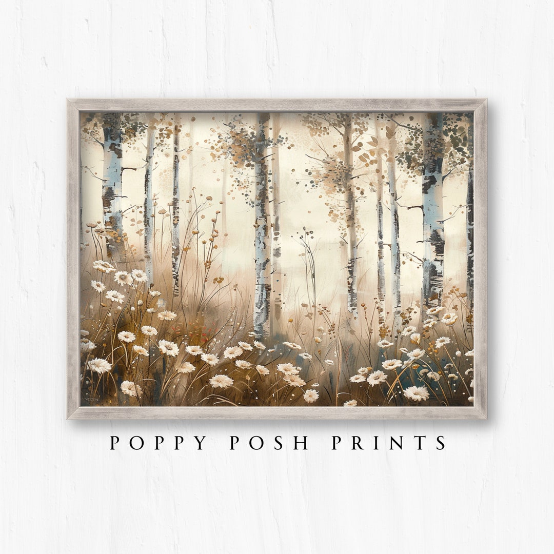 Rustic Birch Tree Forest Wall Art, Neutral Toned Nature Digital Wall ...