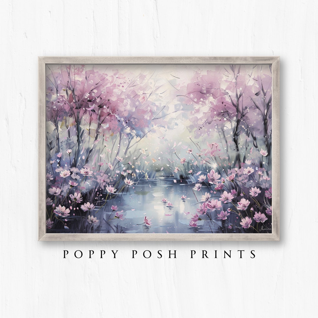 Spring Blossom Floral Landscape Wall Art, Pink Blossoms Painting ...