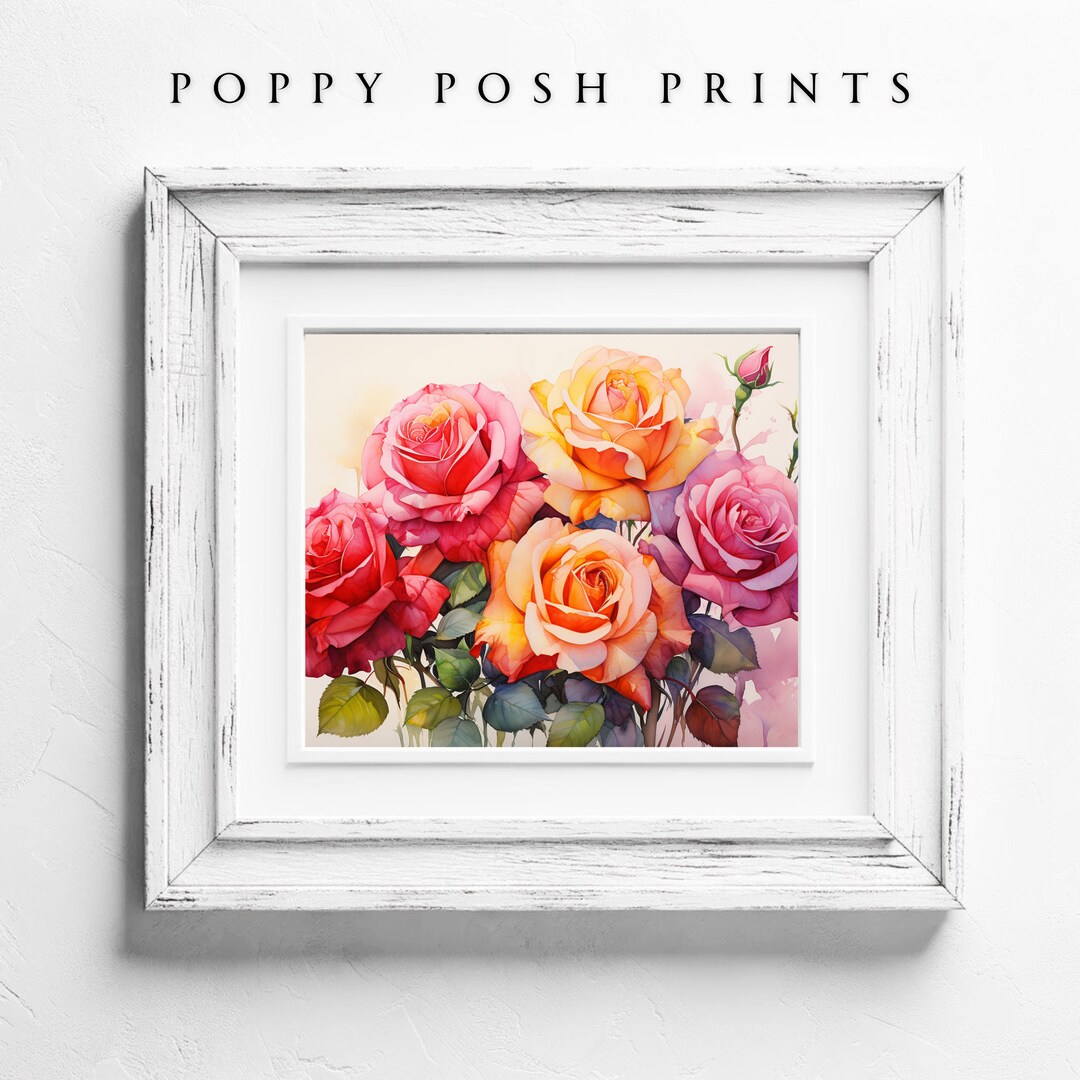 Sunset Rose Splendor Wall Art - Luxurious Watercolor Roses Digital ...