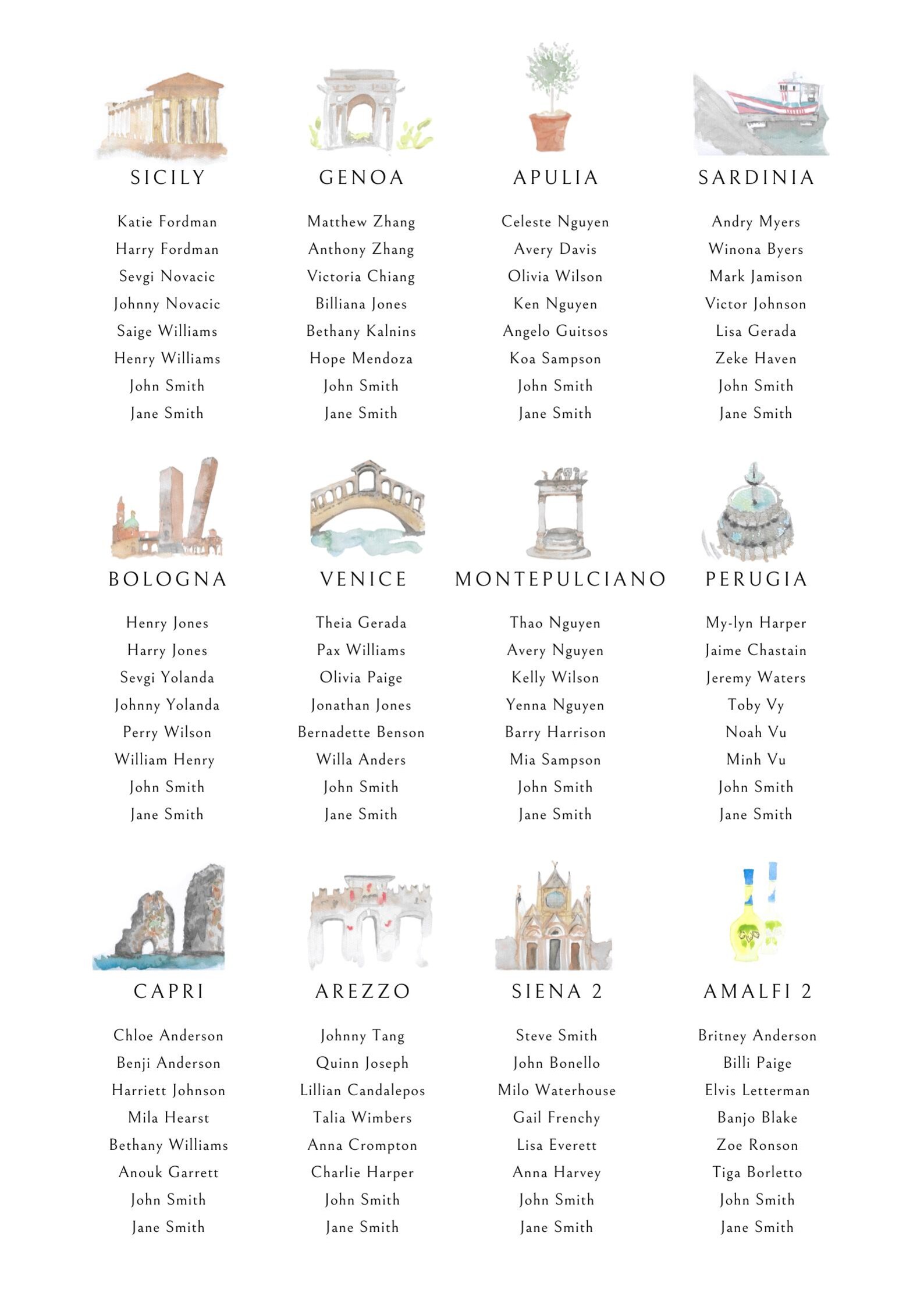 Seating Chart Template for Italian Table Names | Watercolour | Wedding ...