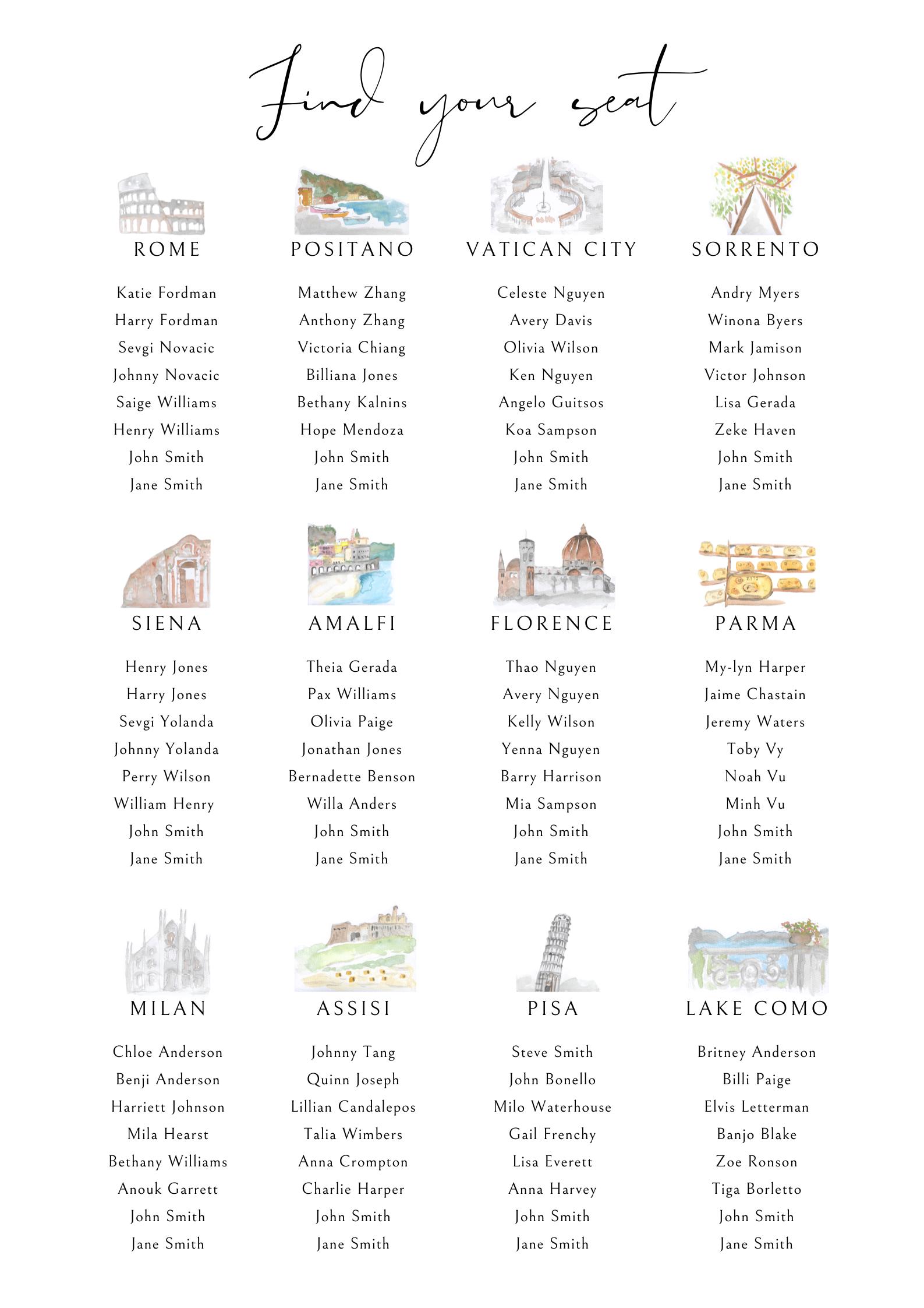 Seating Chart Template for Italian Table Names | Watercolour | Wedding ...