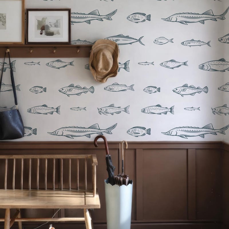 Blue and White Fish Wallpaper - Etsy