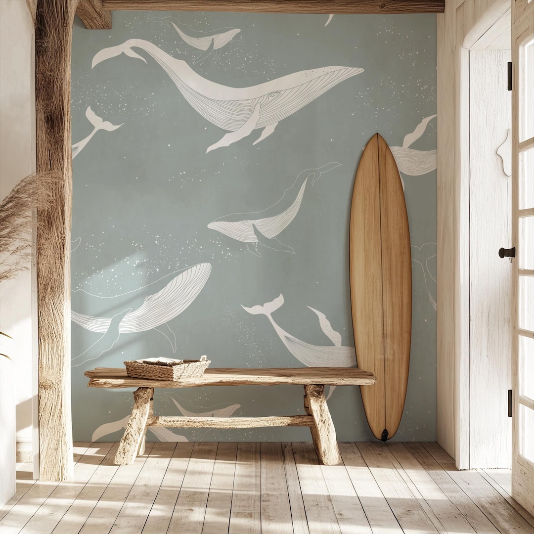 Whale Peel & Stick Removable Mural in Ocean Blue and White, Coastal ...