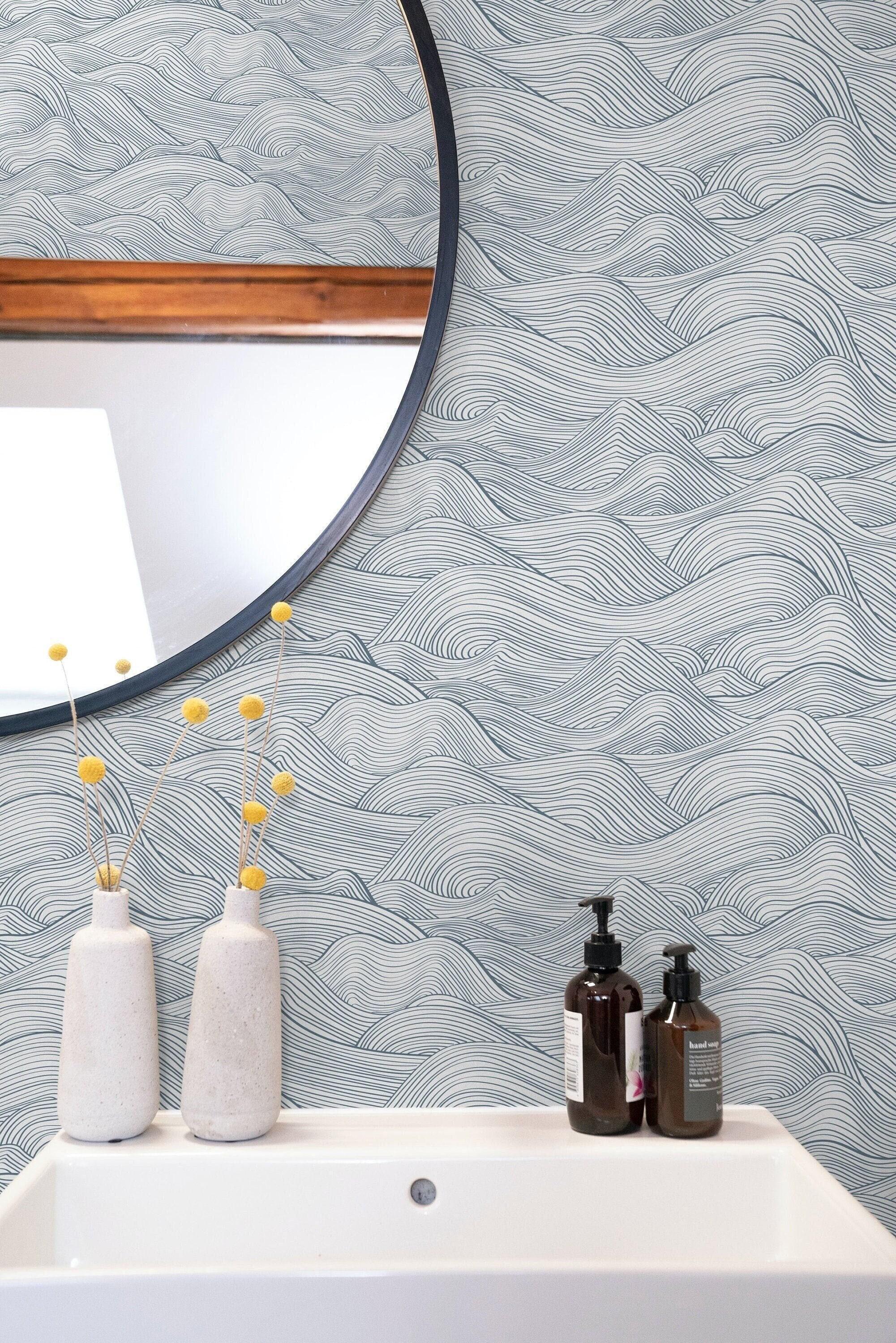 Blue and White Coastal Wave Peel and Stick Removable Wallpaper, Marine ...