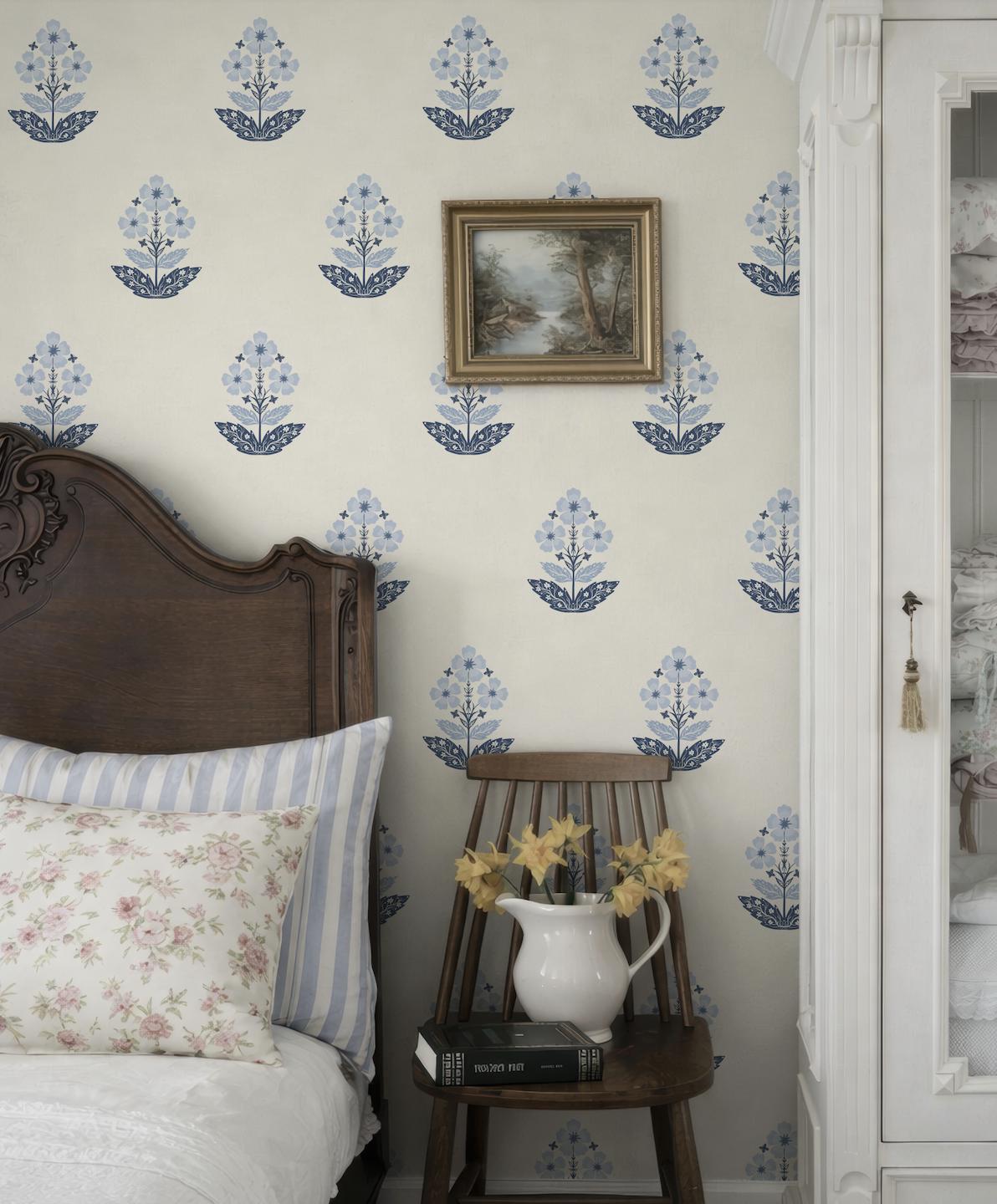 Heritage Blue Floral Peel & Stick Wallpaper, Flower Medallion Cream ...