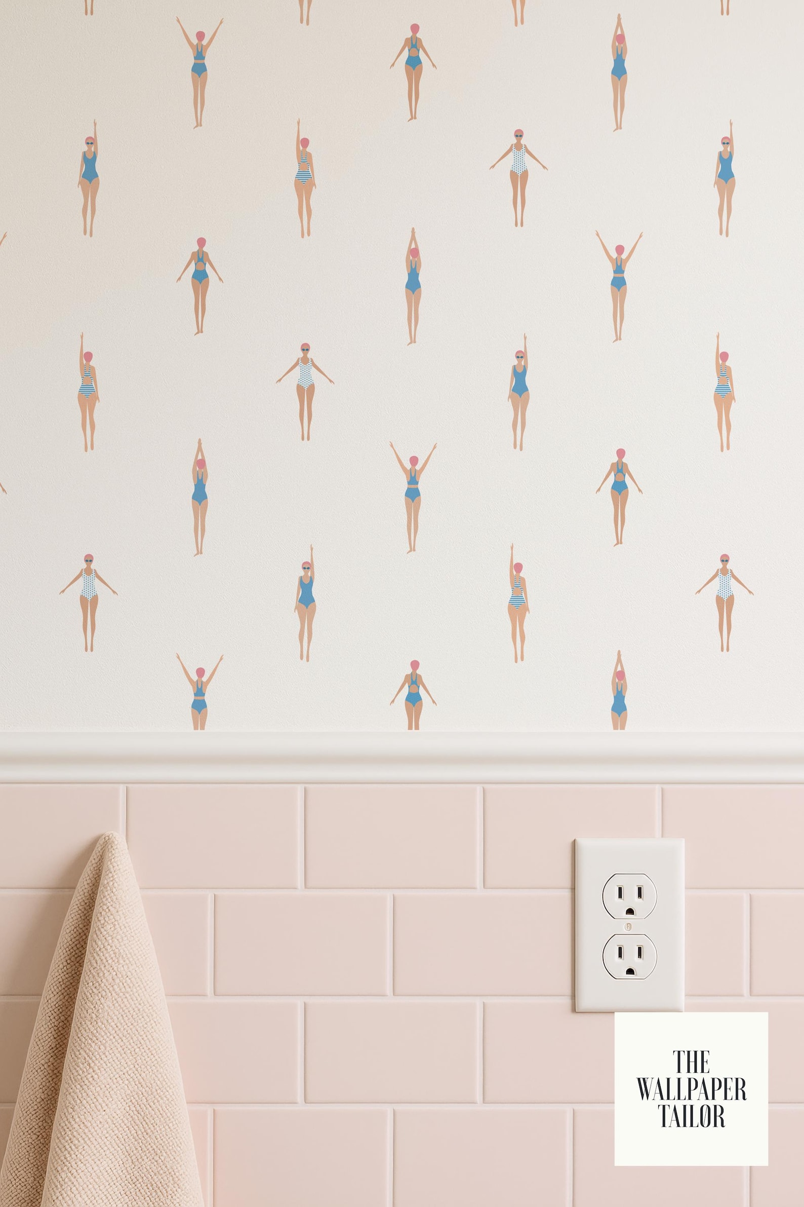 Swim Pool White Peel and Stick Wallpaper, Blue Swimmers Female Coastal ...