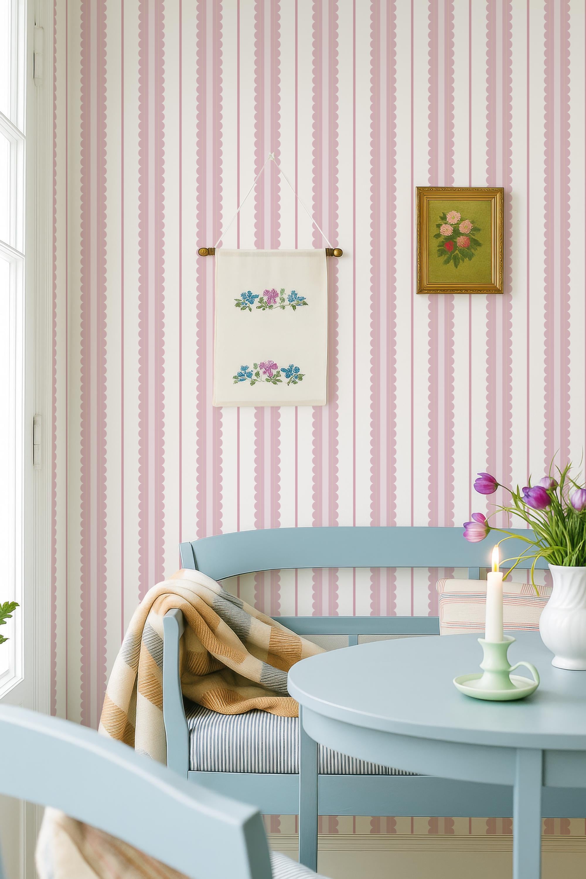 Scallop Pink Peel & Stick Wallpaper, Retro Line Wall Decor, Traditional ...