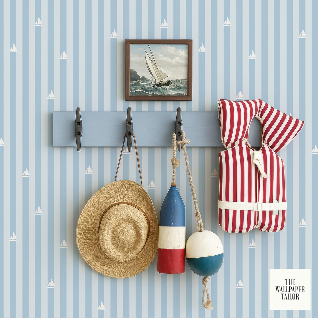 Coastal Sailboat Blue Stripe Wallpaper, Light Striped Nautical Wall ...