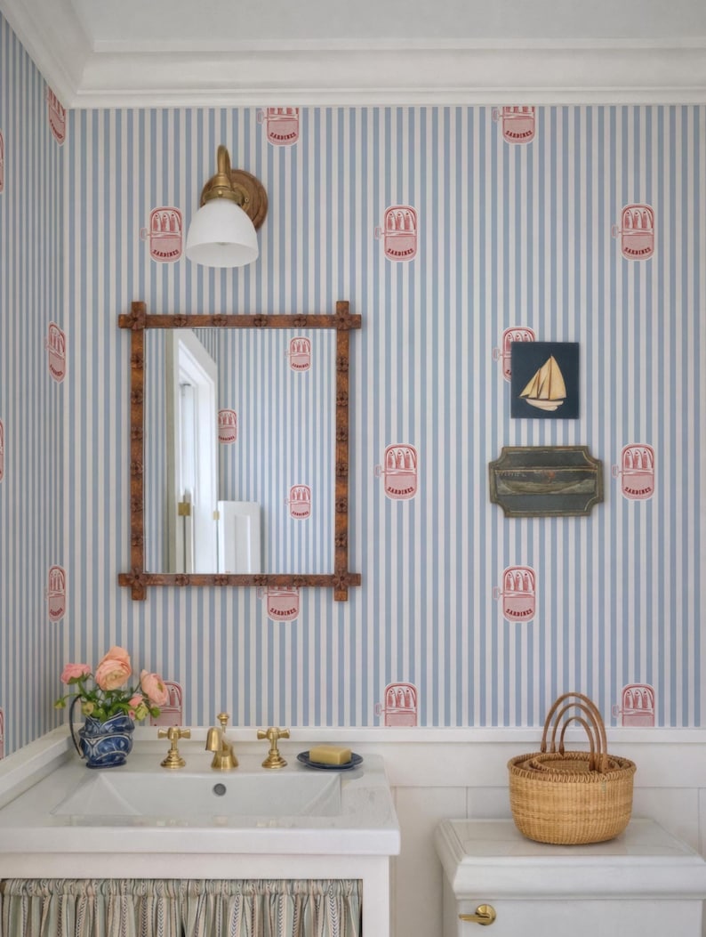 Retro Sardine Stripe Peel and Stick Wallpaper, Vintage Coastal Blue ...