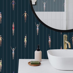 Navy Blue Swim Peel and Stick Wallpaper, Dark Pool Swimmers Female ...