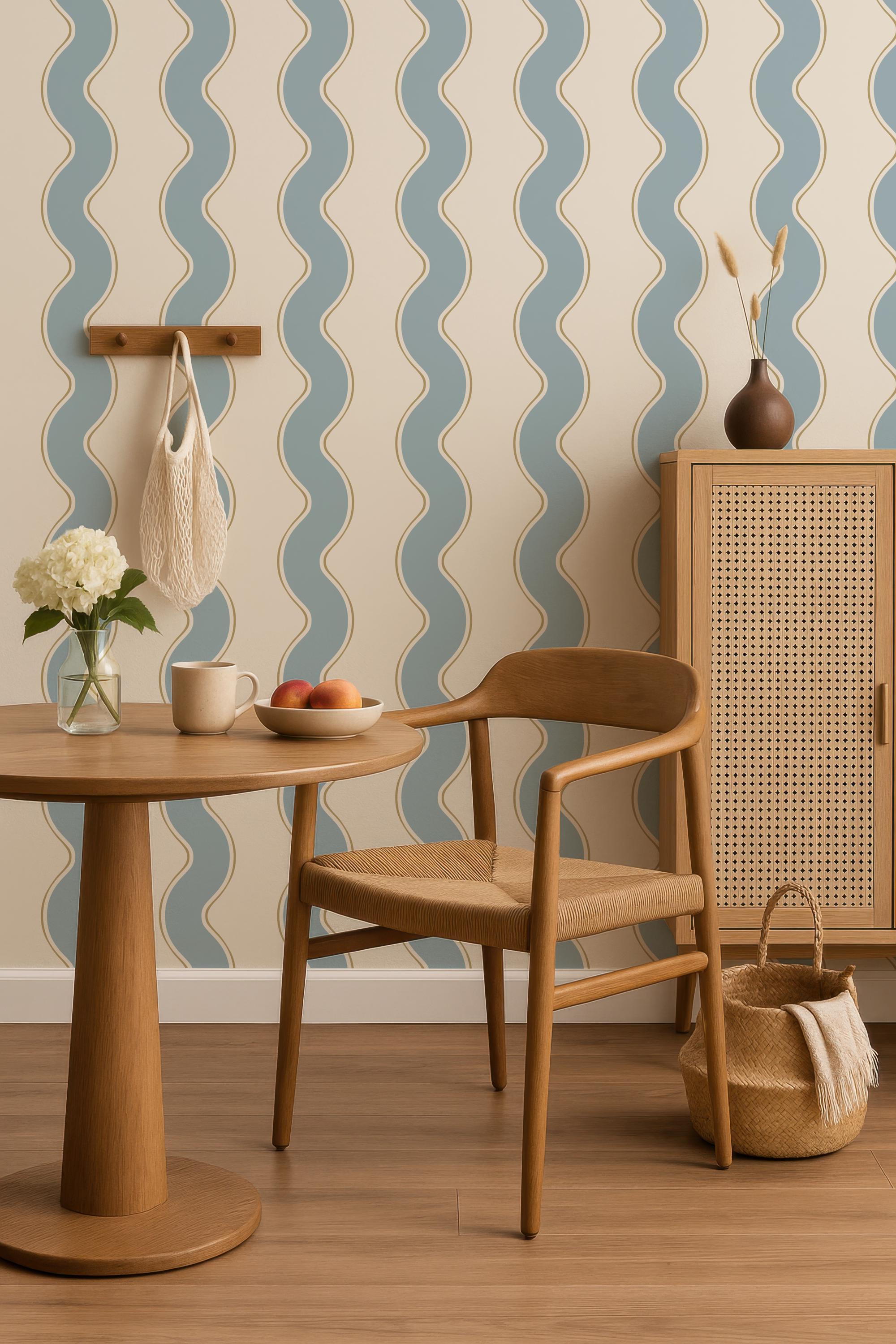 Blue Retro Wavy Lines Removable Peel and Stick Wallpaper, Bold Stripes ...