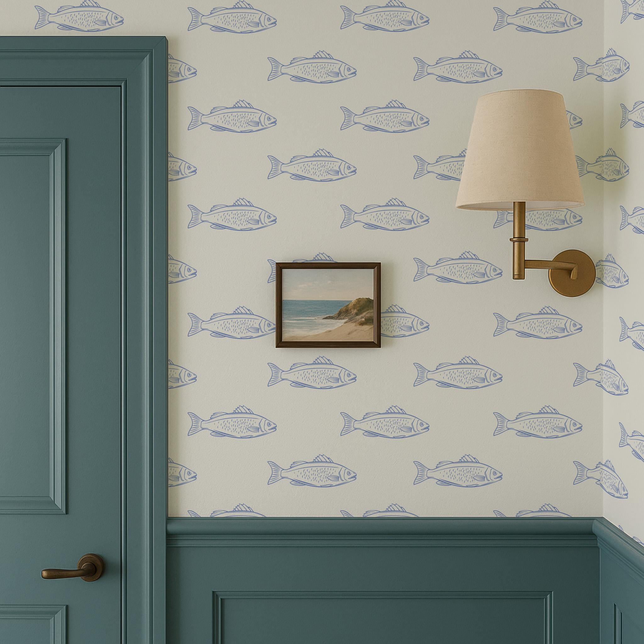 Blue Fish Peel and Stick Wallpaper: Coastal Beach House Removable Wall ...
