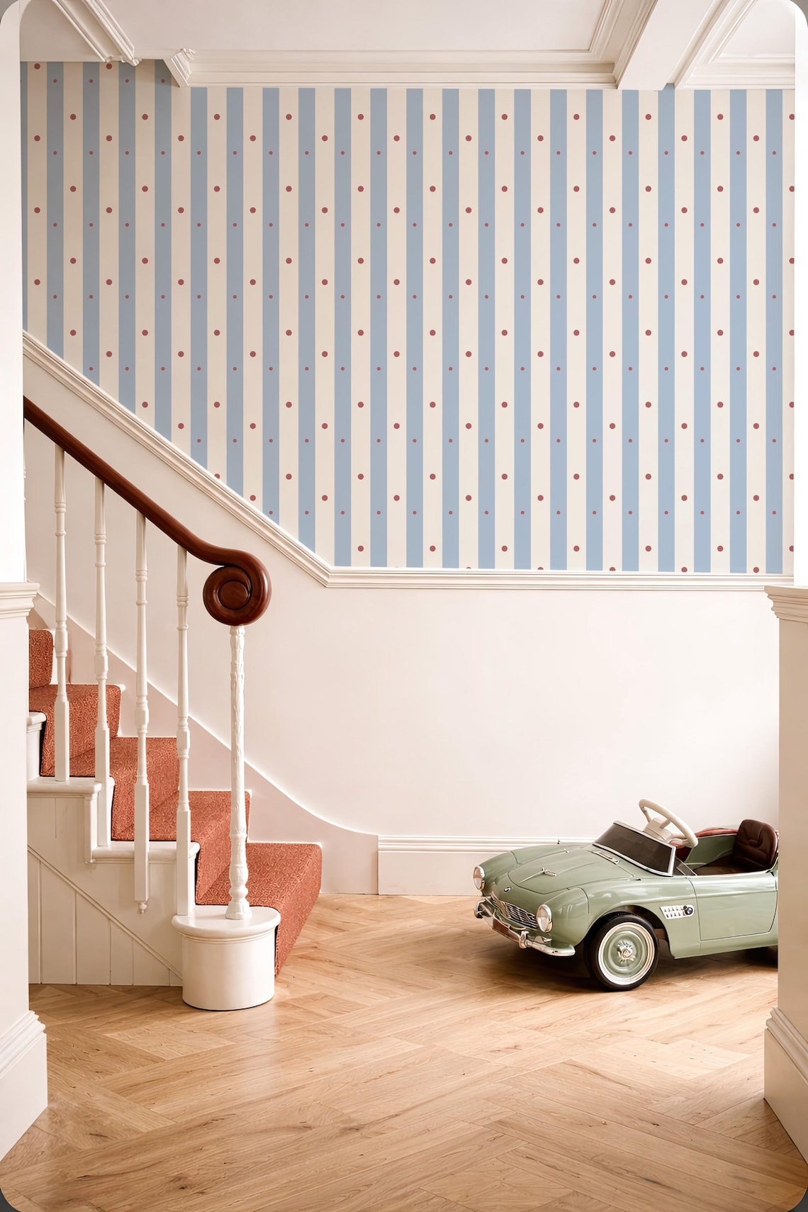 Blue Stripe & Red Dot Wallpaper, Classic Vertical Stripe Pattern ...