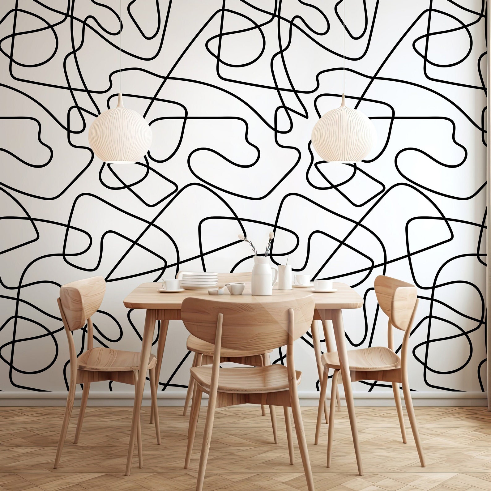 Abstract Line Peel and Stick Removable Wallpaper, Black and White ...