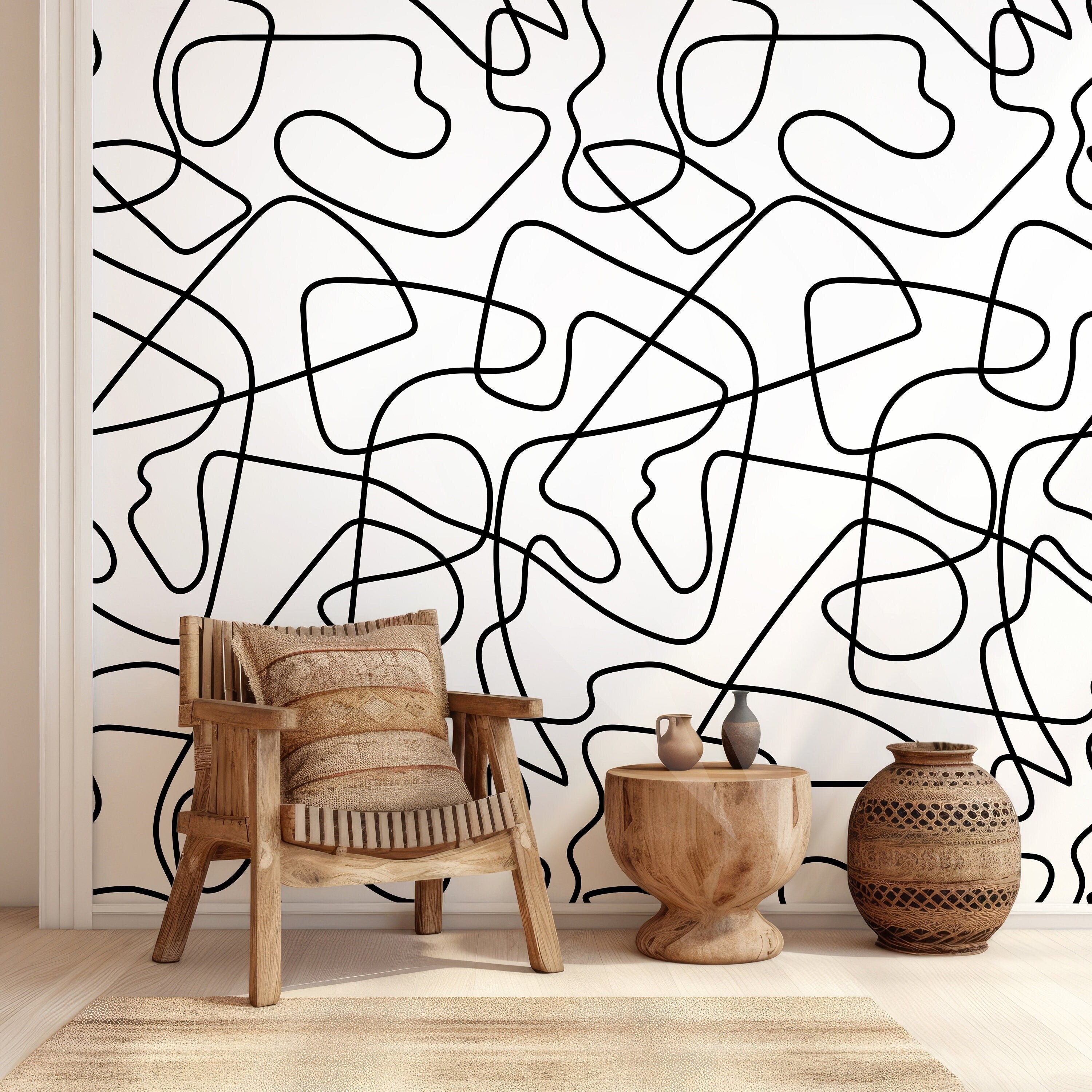 Abstract Line Peel and Stick Removable Wallpaper, Black and White ...