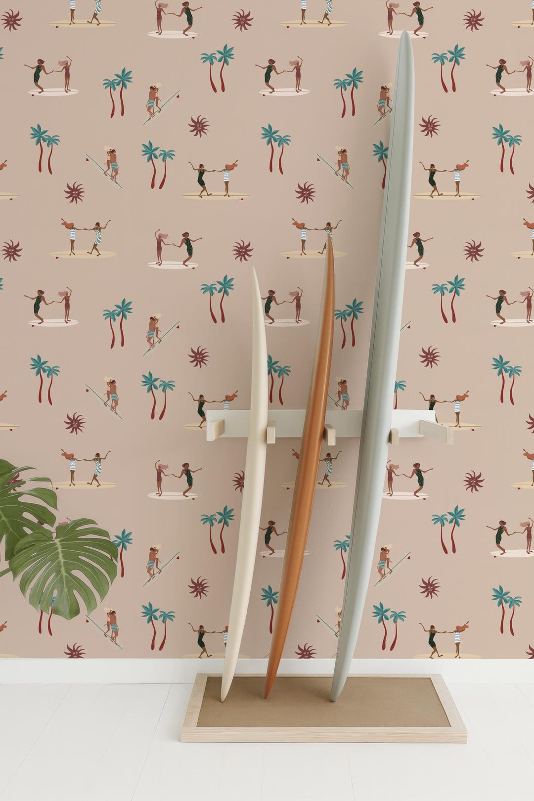 Surf Retro Beige Peel & Stick Wallpaper, Longboard Surfing Removable ...
