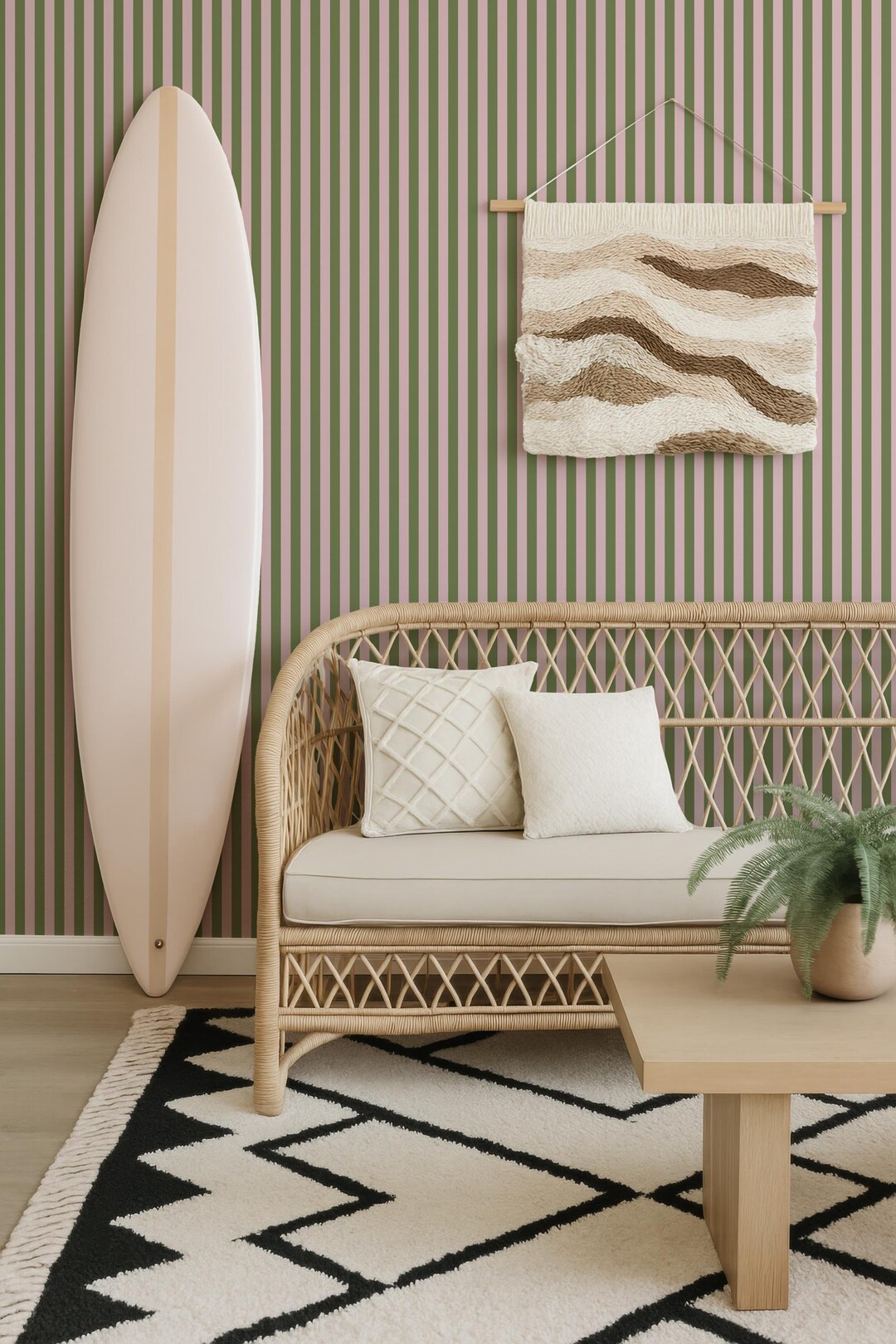 Green and Pink Blush Striped Peel & Stick Wallpaper, Removable Modern ...