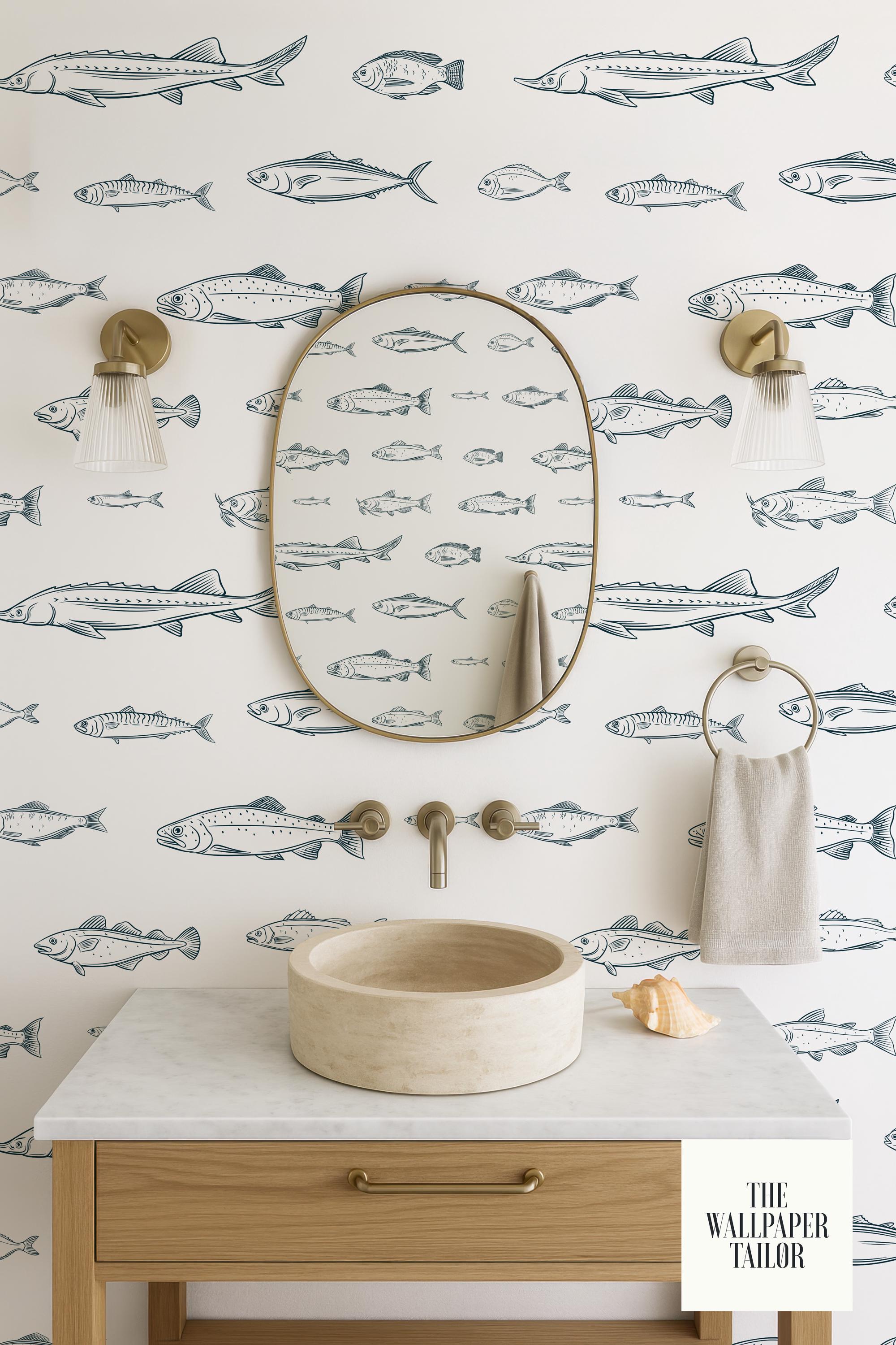 Coastal Fish Peel & Stick Wallpaper, Dark Blue and White Ocean Animal ...
