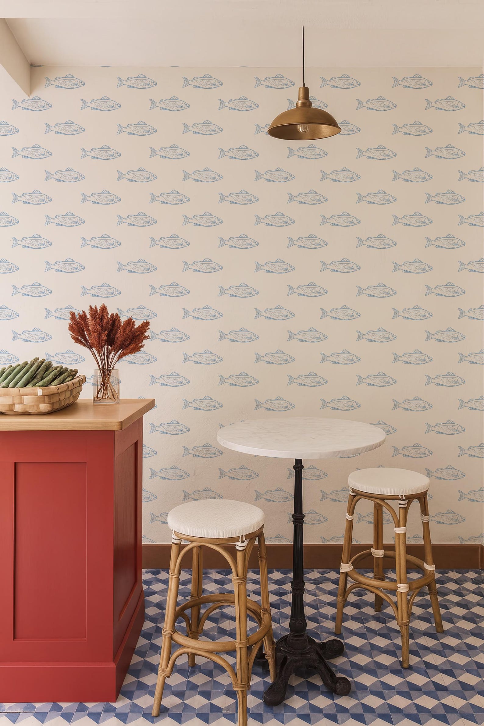 Blue Fish Peel and Stick Wallpaper: Coastal Beach House Removable Wall ...